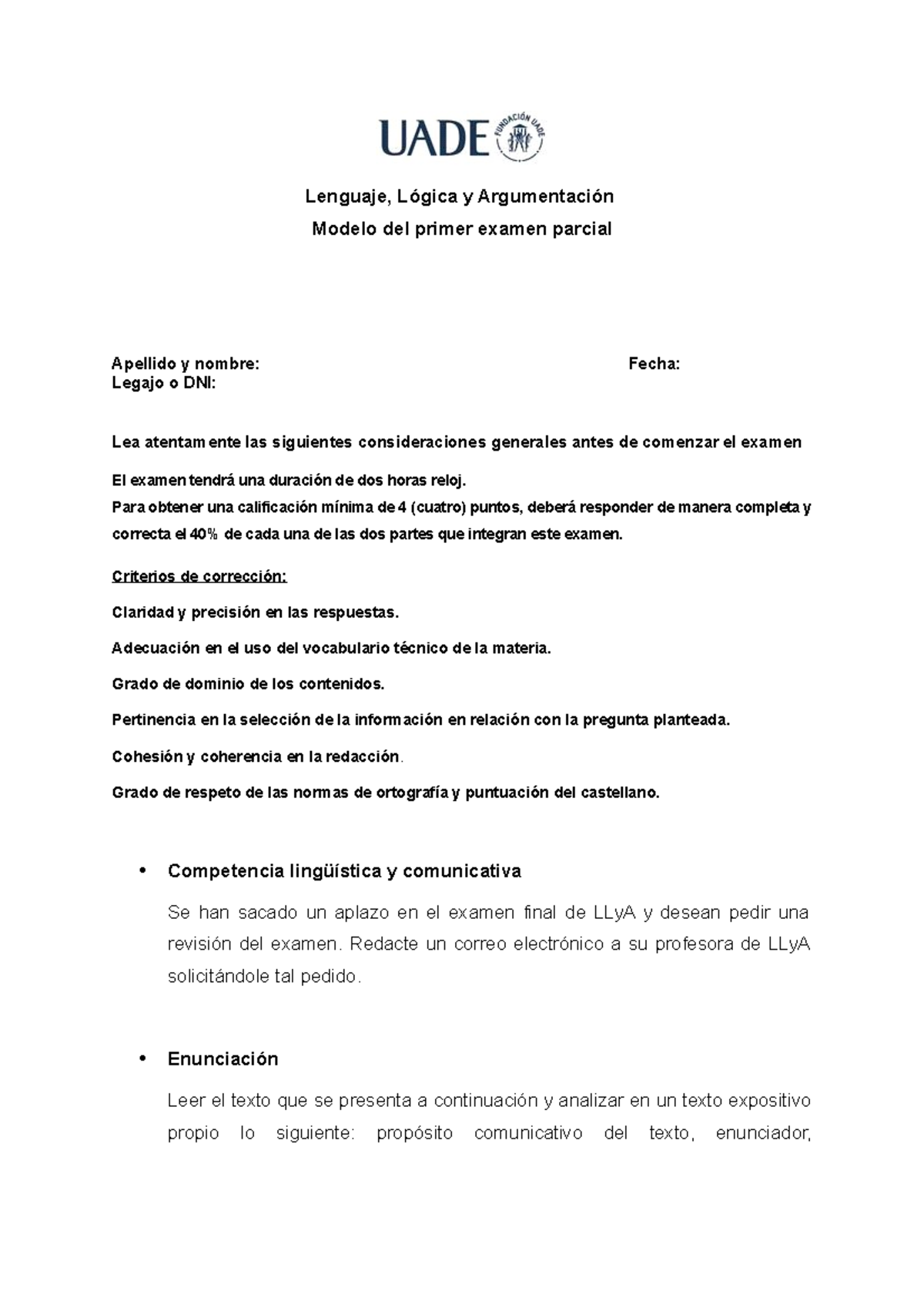 Simulacro primer examen parcial del año 2021 - Lenguaje, Lógica y Argumentación Modelo del ...