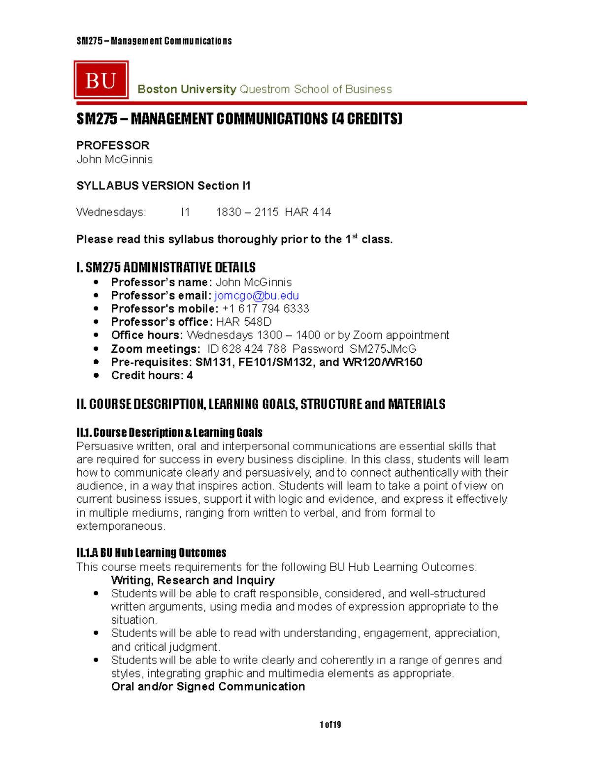 SM275 Fall 2023 Wed Syllabus - SM275 – Management Communications Boston ...