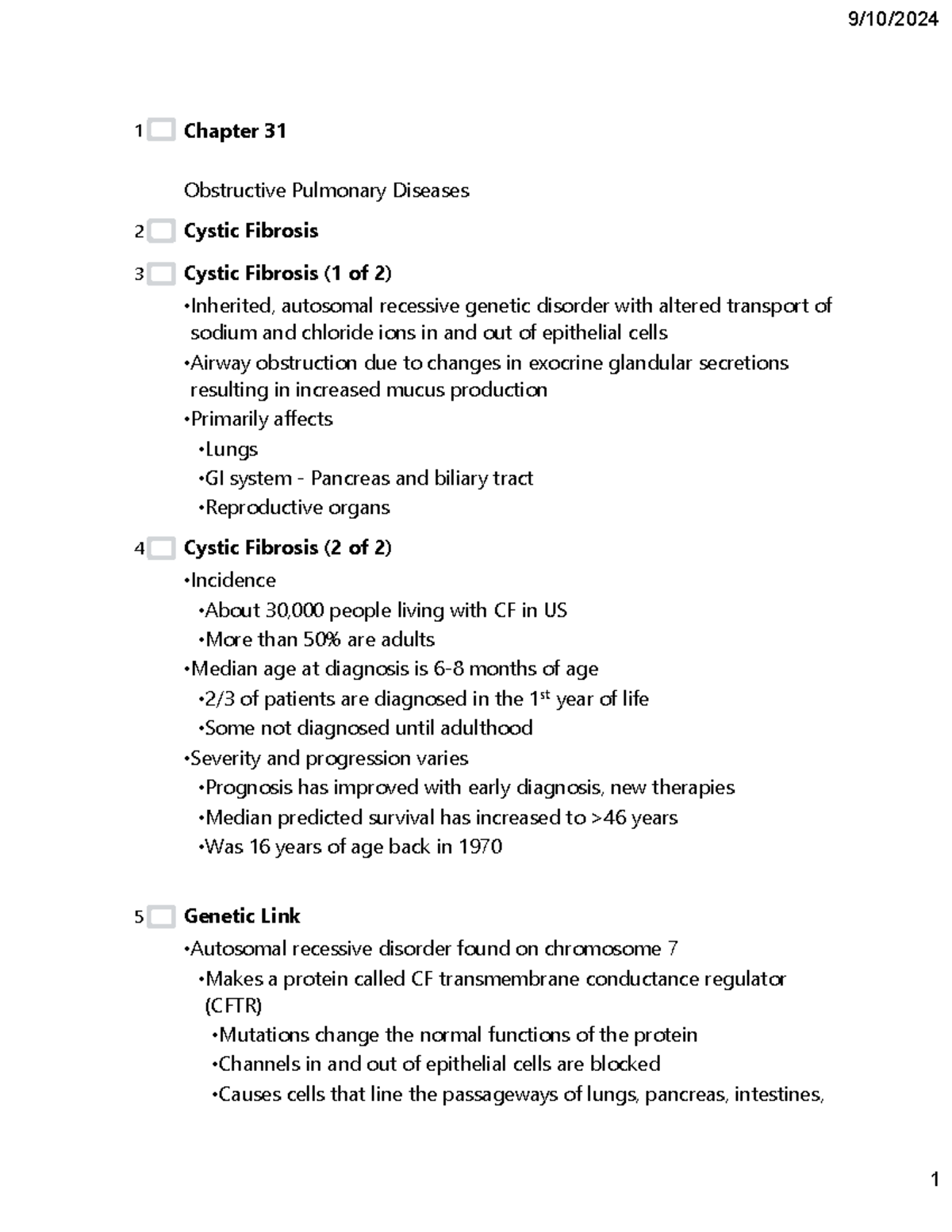 Chapter 31 outline - for exam 1 RN 302 (NOW RN 304) - Chapter 31 Obstructive Pulmonary Diseases ...