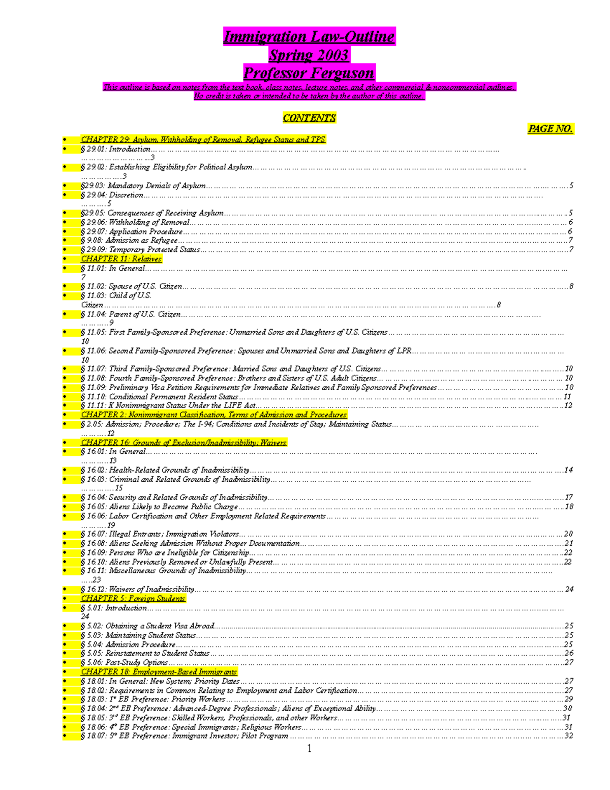 Immigration Law Outline - Immigration Law-Outline Spring 2003 Professor ...