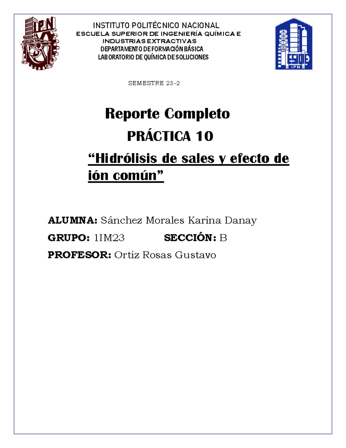 P10 Hidrolisis DE Sales Y Efecto DE IÓN Común Karina Danay Sánchez ...