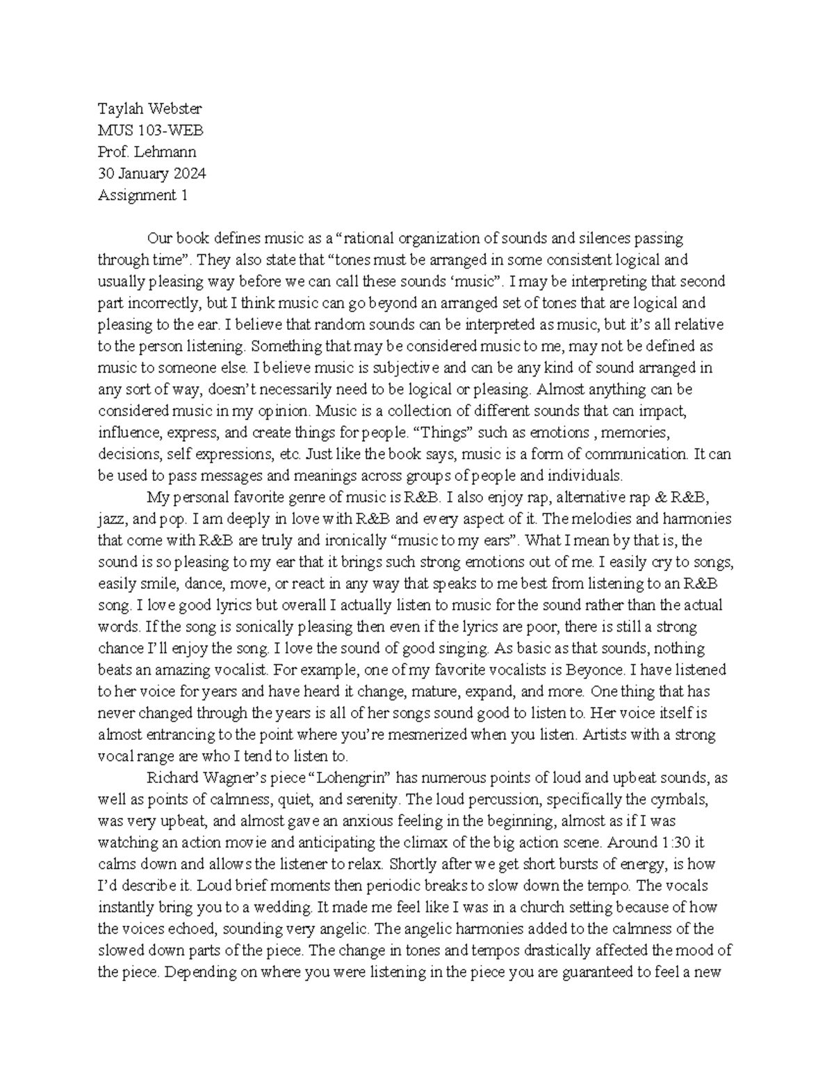 Music Appreciation Assignment 1 2024 - Taylah Webster MUS 103-WEB Prof ...