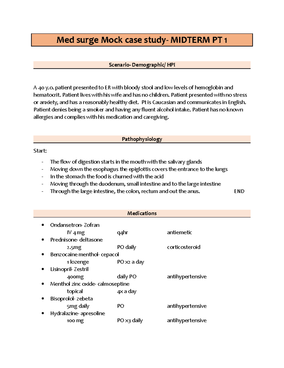 SDU MOCK CASE Study - Med surge Mock case study- MIDTERM PT 1 Scenario ...
