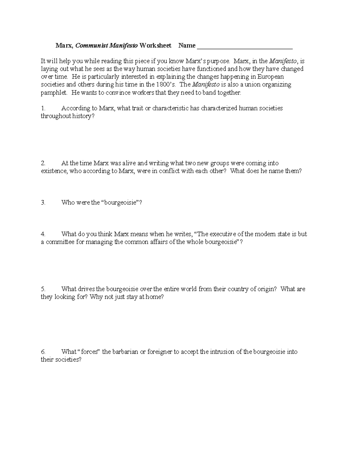 Marx Manifesto - Marx, Communist Manifesto Worksheet Name ...
