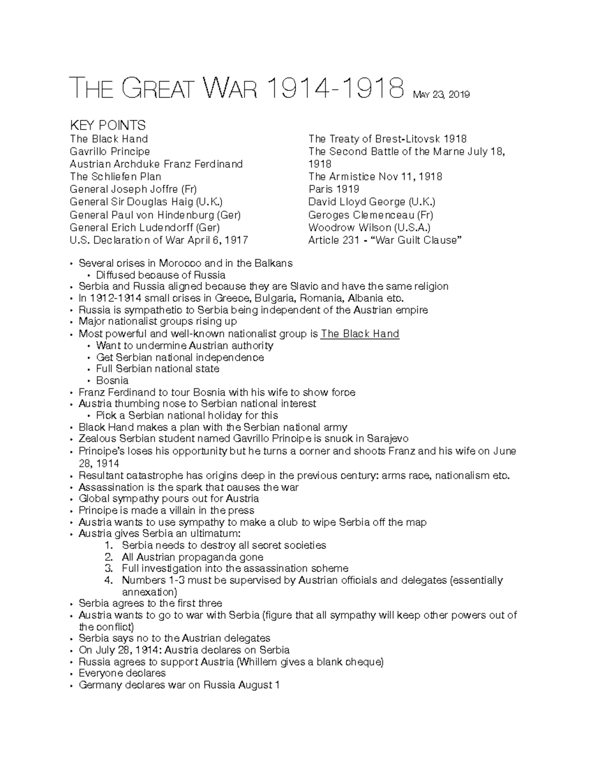 The Great War Note PDF - THE GREAT WAR 1914-1918 MAY 23, 2019 KEY ...