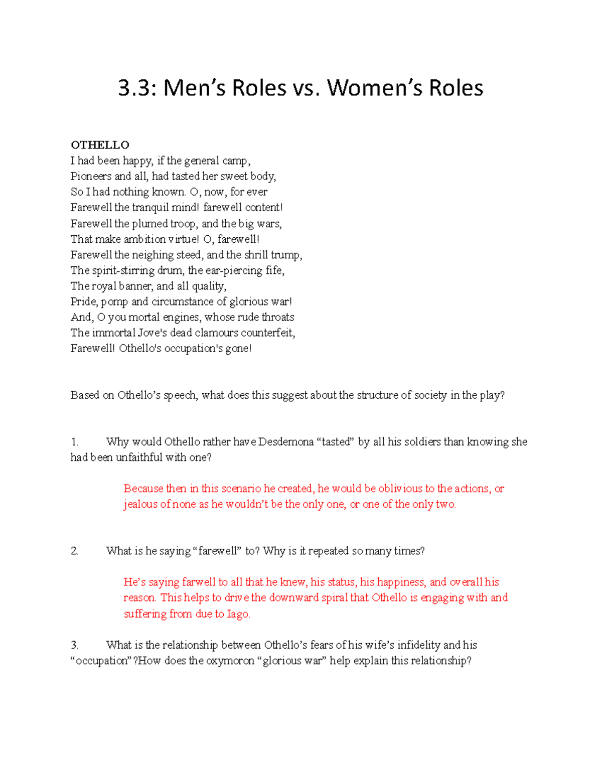 Men’s Roles vs. Women’s Roles (Othello) - 3: Men’s Roles vs. Women’s ...