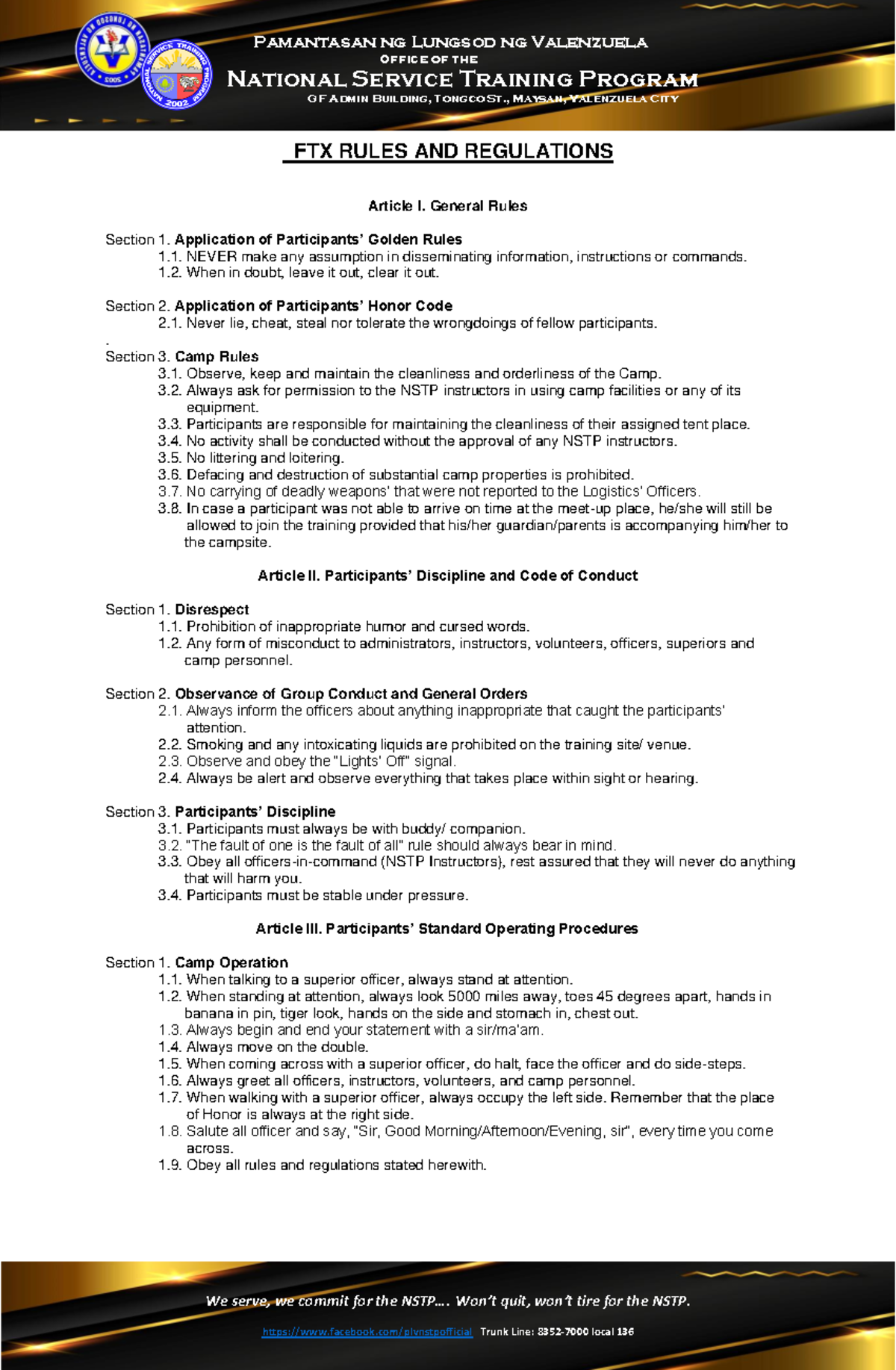 FTX Rules AND Regulations - Office of the National Service Training ...