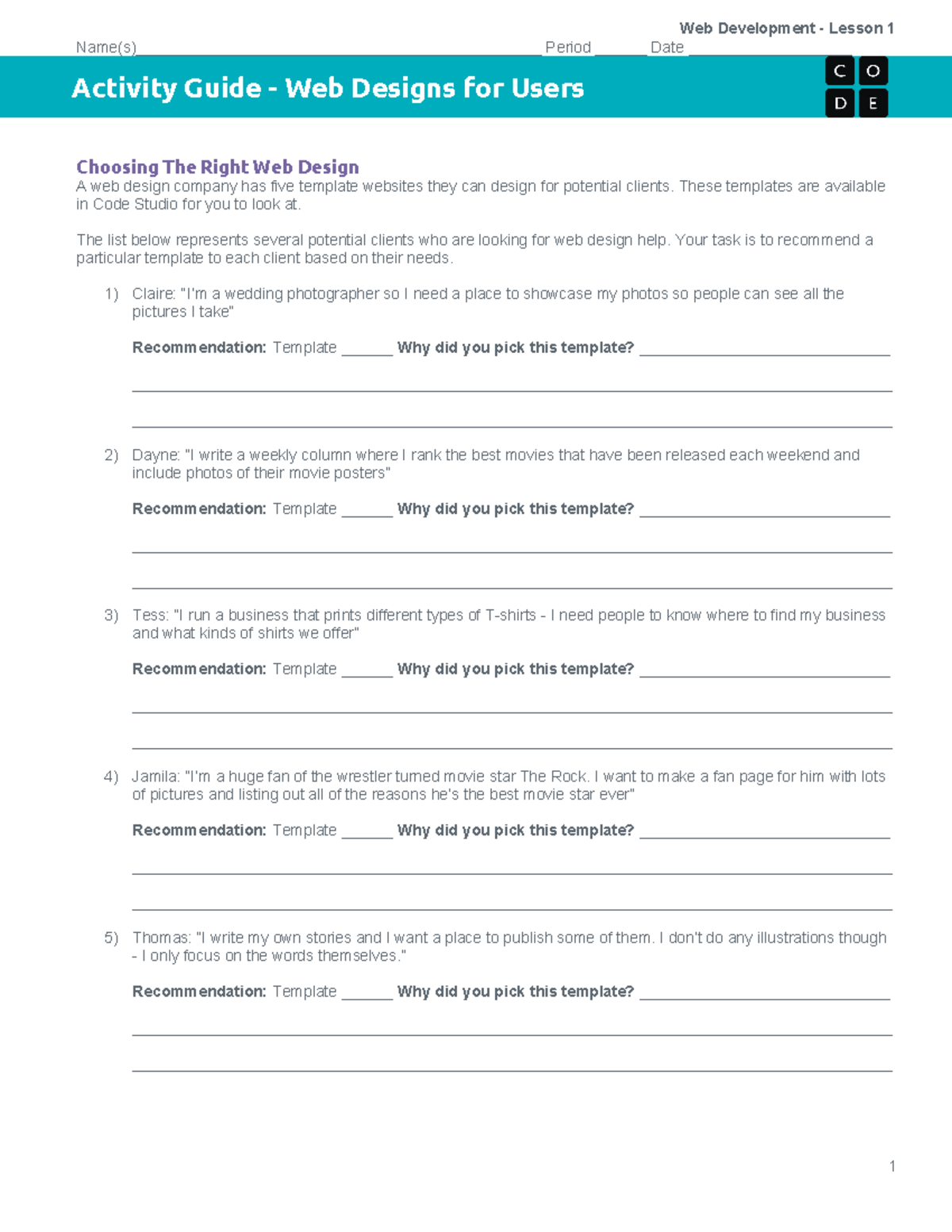U2L01 - Activity Guide - Web Designs for Users B 4 - Web Development - Lesson 1 - Studocu