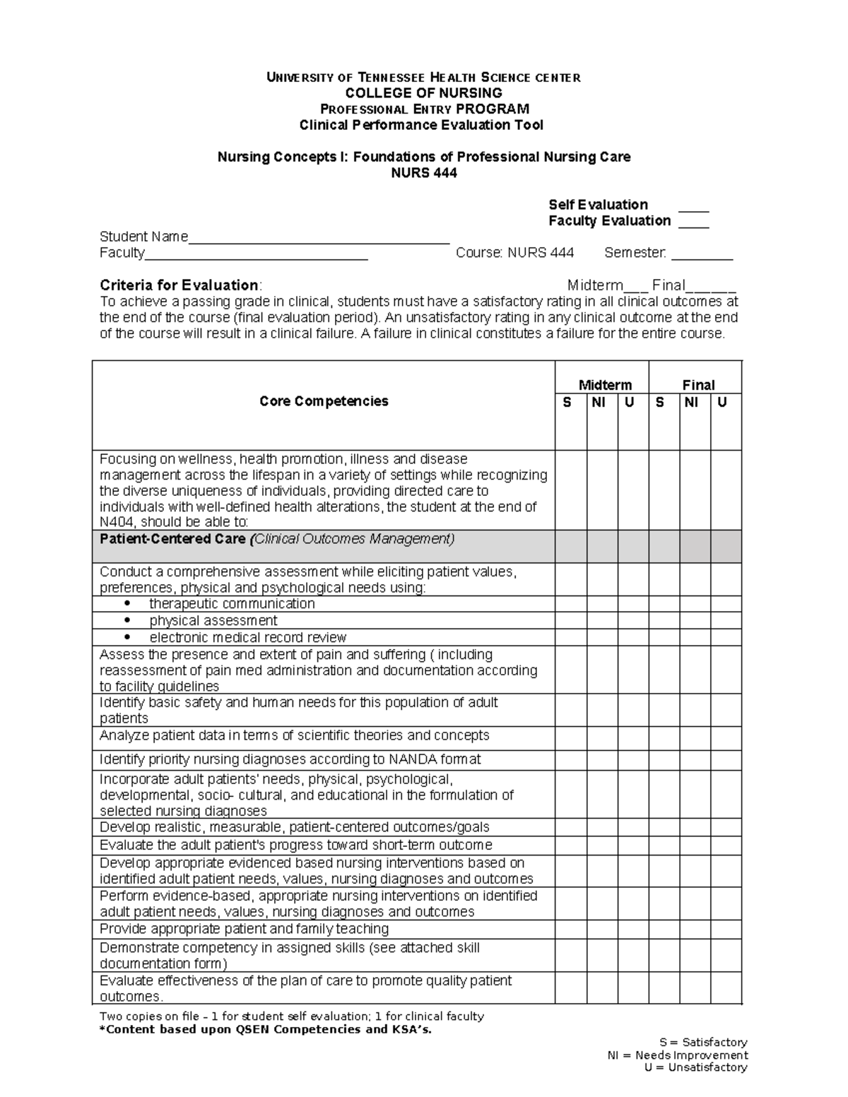Concepts I Clinical Evaluation Tool - UNIVERSITY OF TENNESSEE HEALTH ...