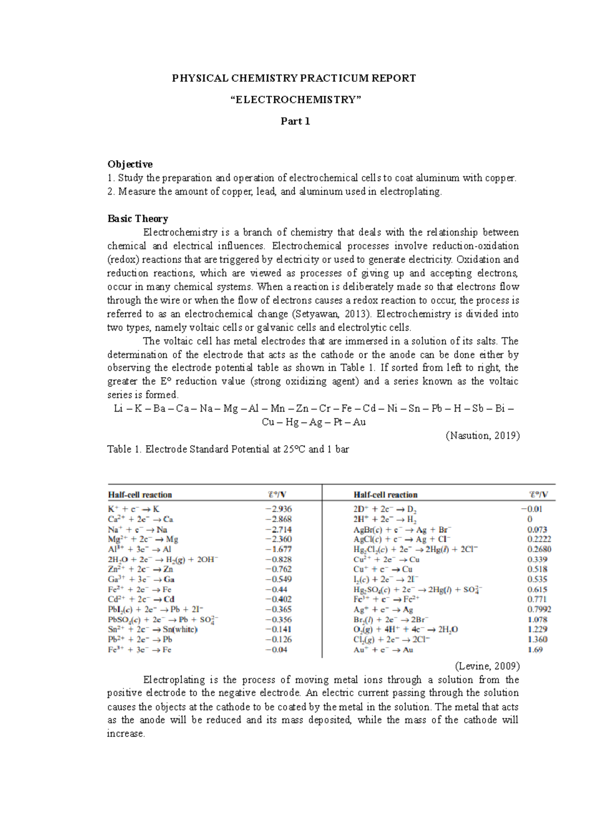 Physical Chemistry Practicum Report Electrochemistry - Part 1 - PHYSICAL CHEMISTRY PRACTICUM ...