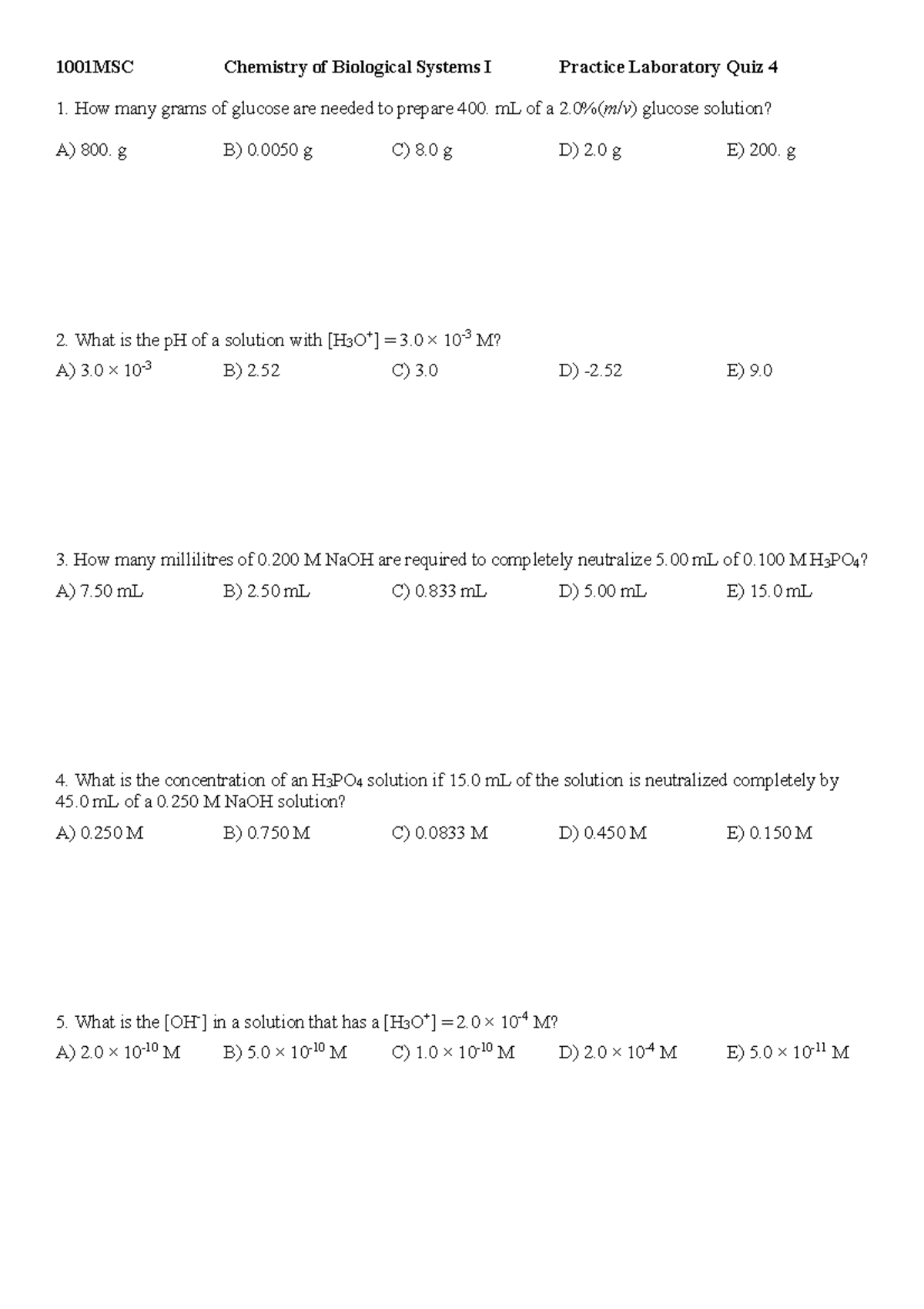 Lab practice quiz 4 - 1001MSC Chemistry of Biological Systems I Practice Laboratory Quiz 4 How ...
