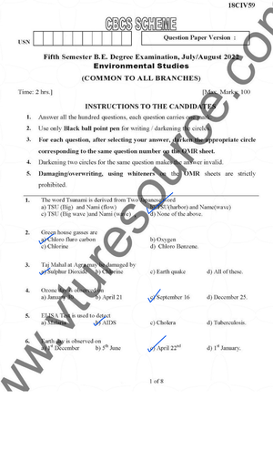 VTU Question Paper of 18CIV59 Environmental Studies Jan-2021 ...