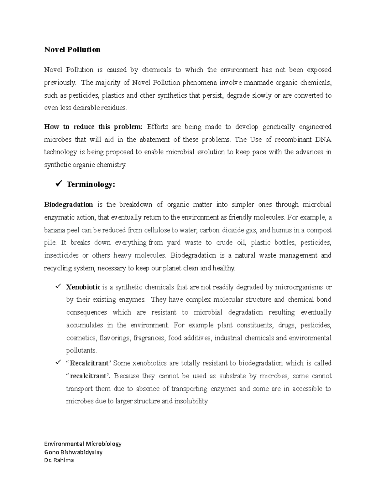 Novel-pollution - Lecture sheets for Microbiology Novel Pollution , its ...