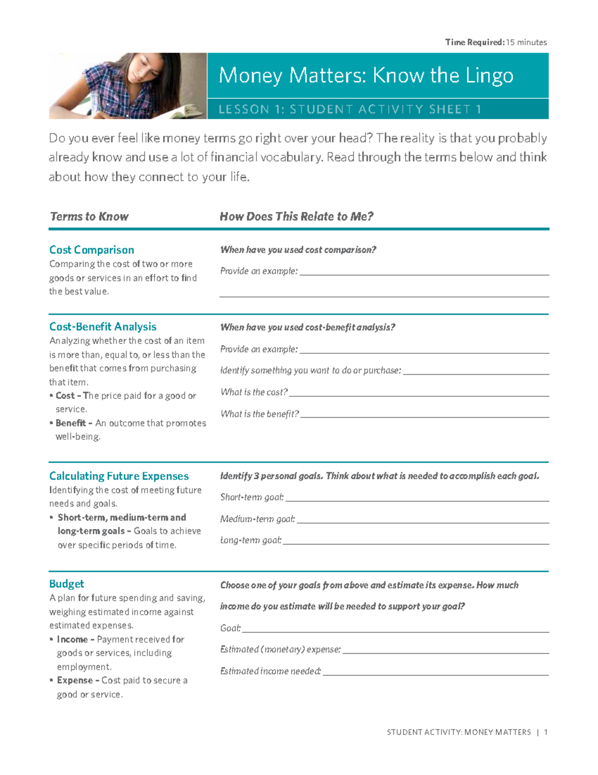 SA Lesson 1 - it will help the students. - STUDENT ACTIVITY: MONEY ...