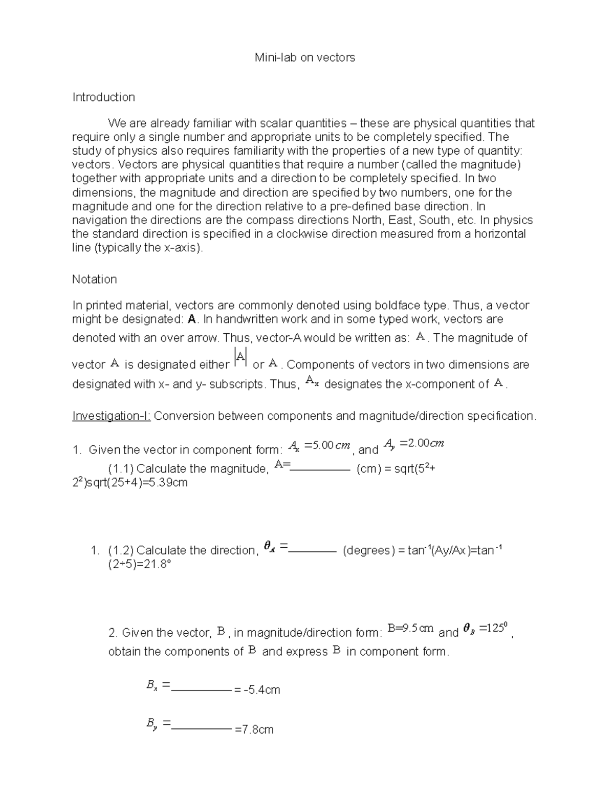LAB - Vectors - Instructor is Dr. Danchev. - Mini-lab on vectors ...