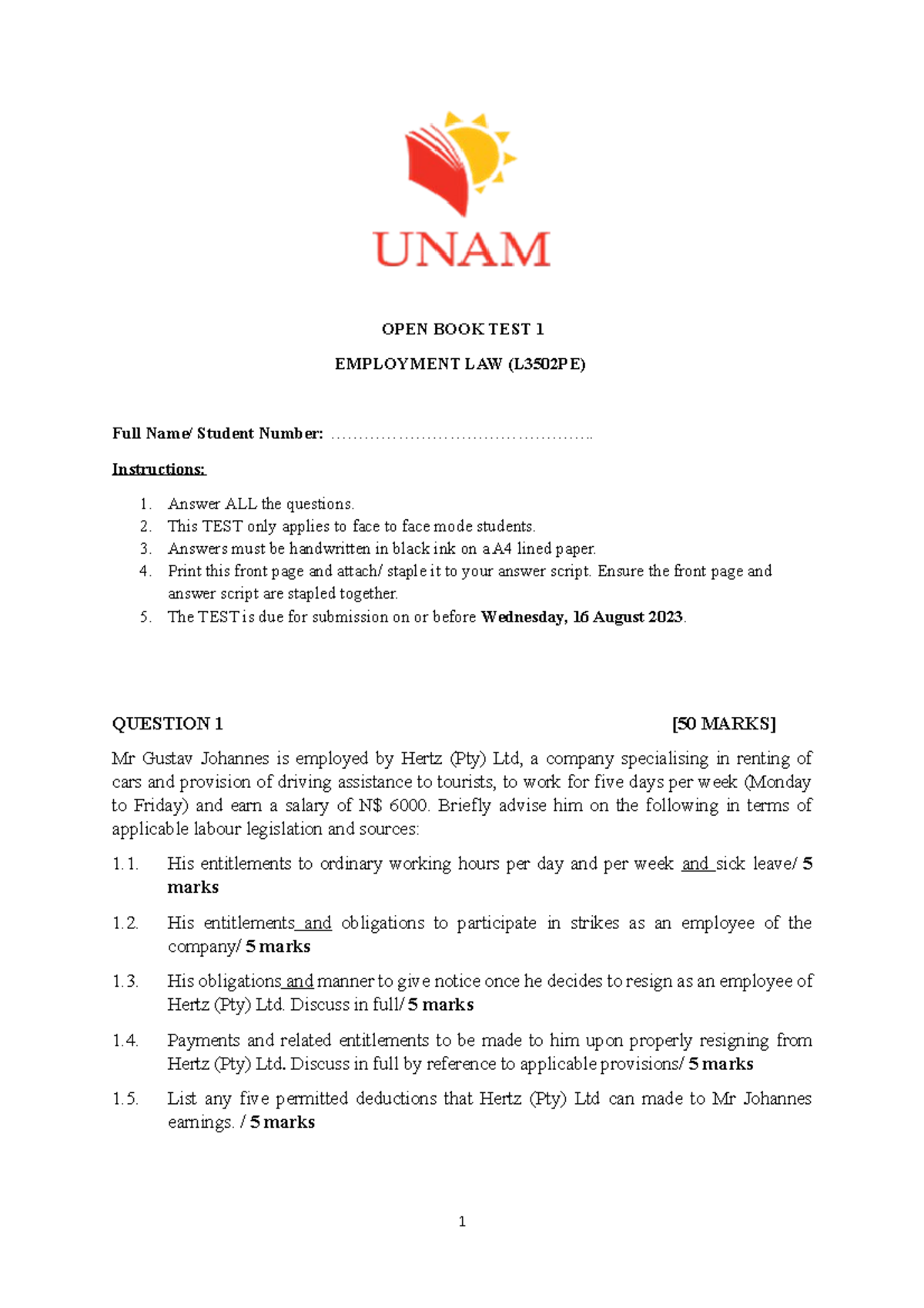 Assignment 1 F Open Book Test 1 Employment Law L3502pe Full Name