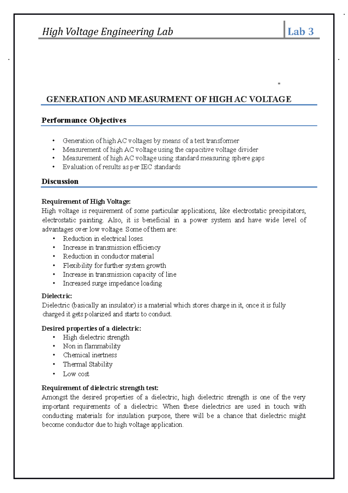 My Lab 3 HV - The Given document is the high voltage lab manual performed at the high voltage ...