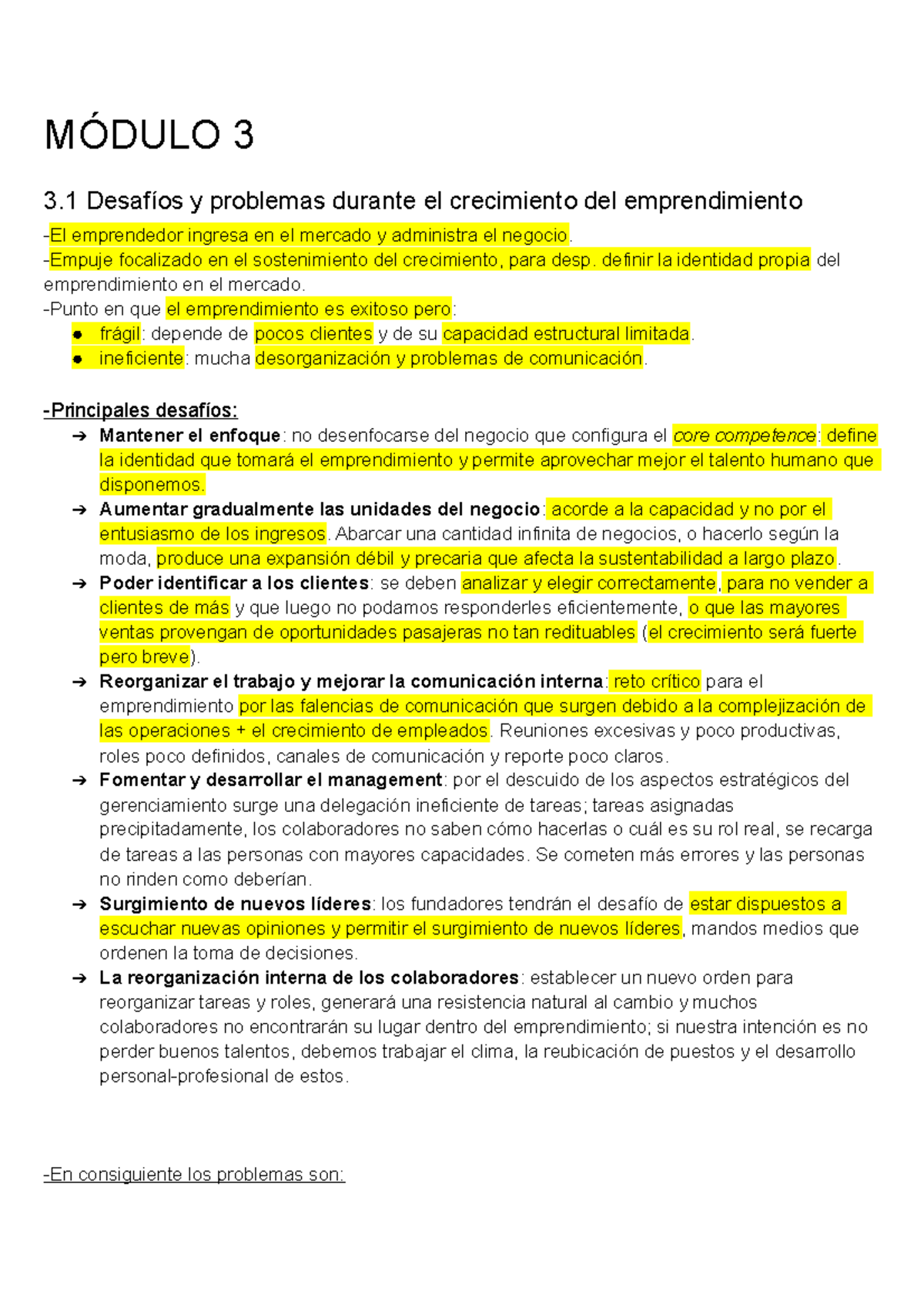 Desarrollo Emprendedor- M3 y M4 - MÓDULO 3 3 Desafíos y problemas durante el crecimiento del ...