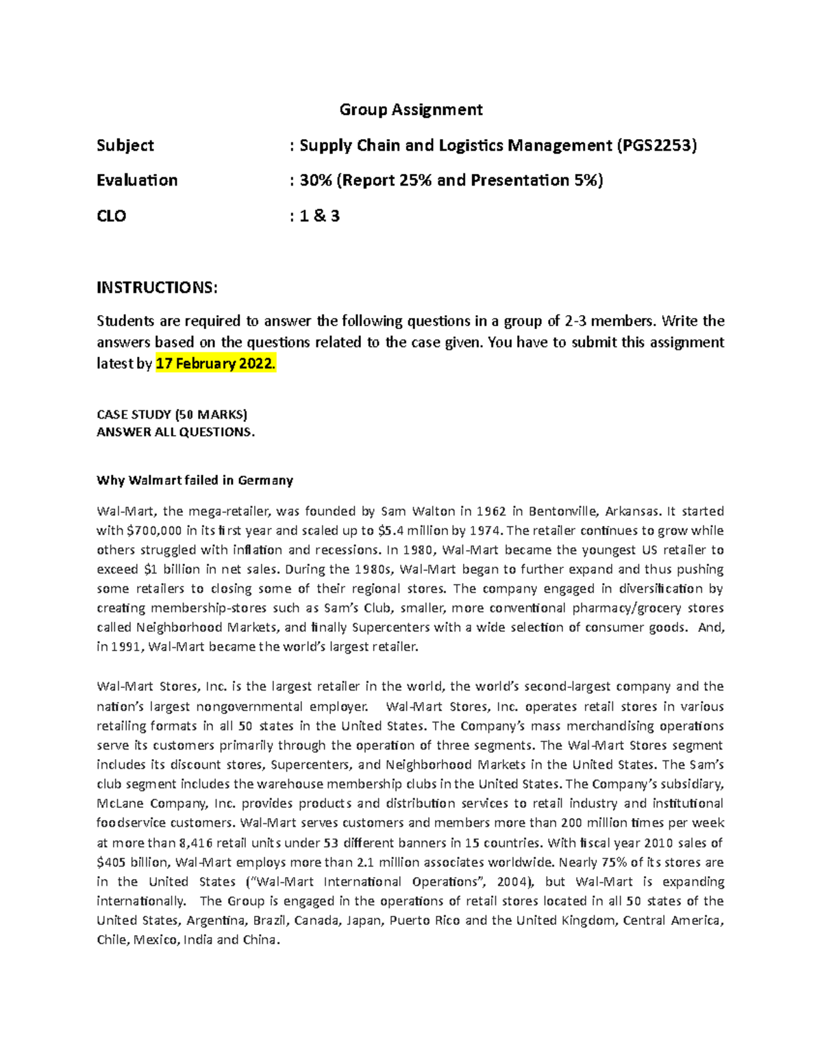 Assignment SCLM 32134 - Group Assignment Subject : Supply Chain and ...