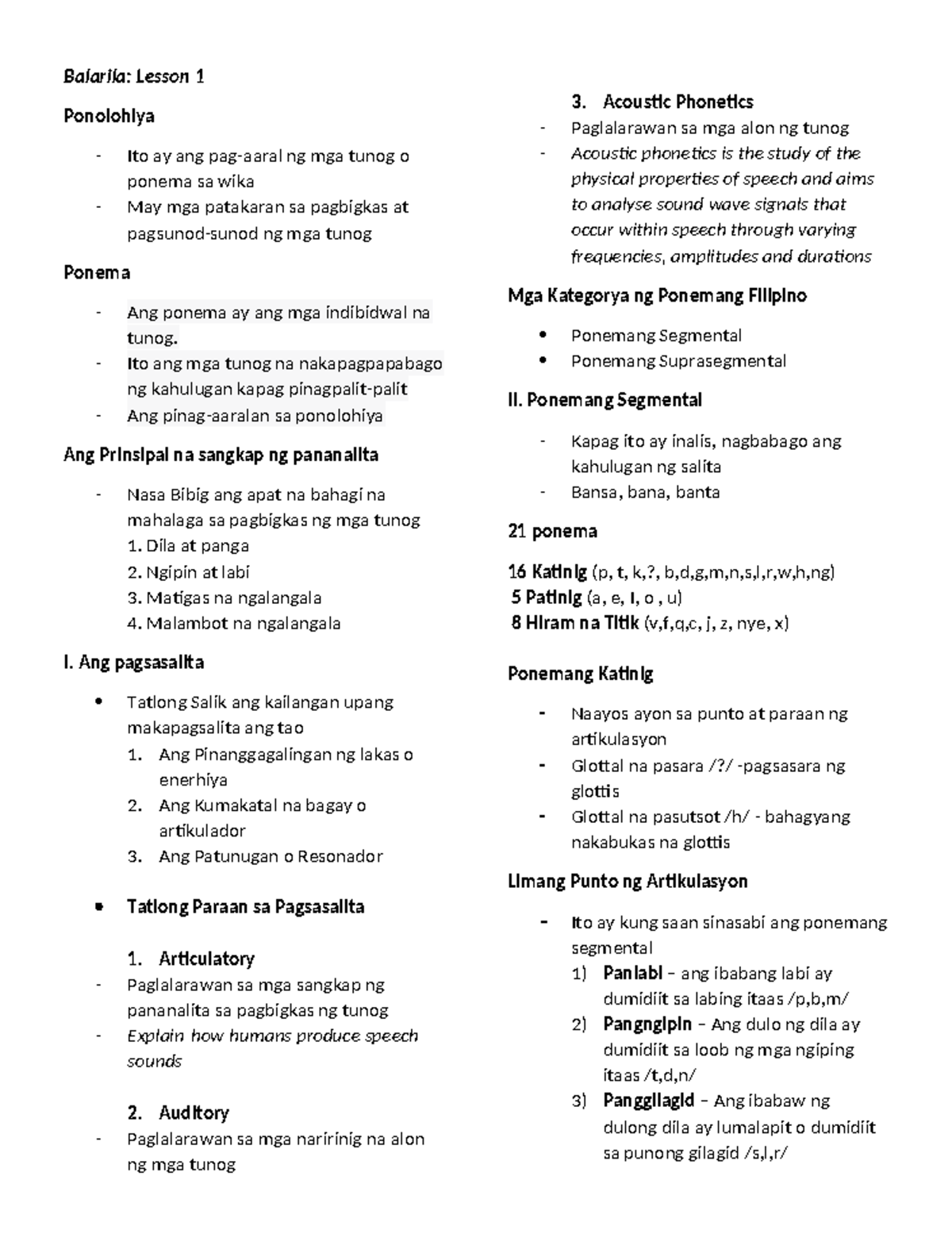 Balarila lesson 1 - Balarila: Lesson 1 Ponolohiya - Ito ay ang pag ...