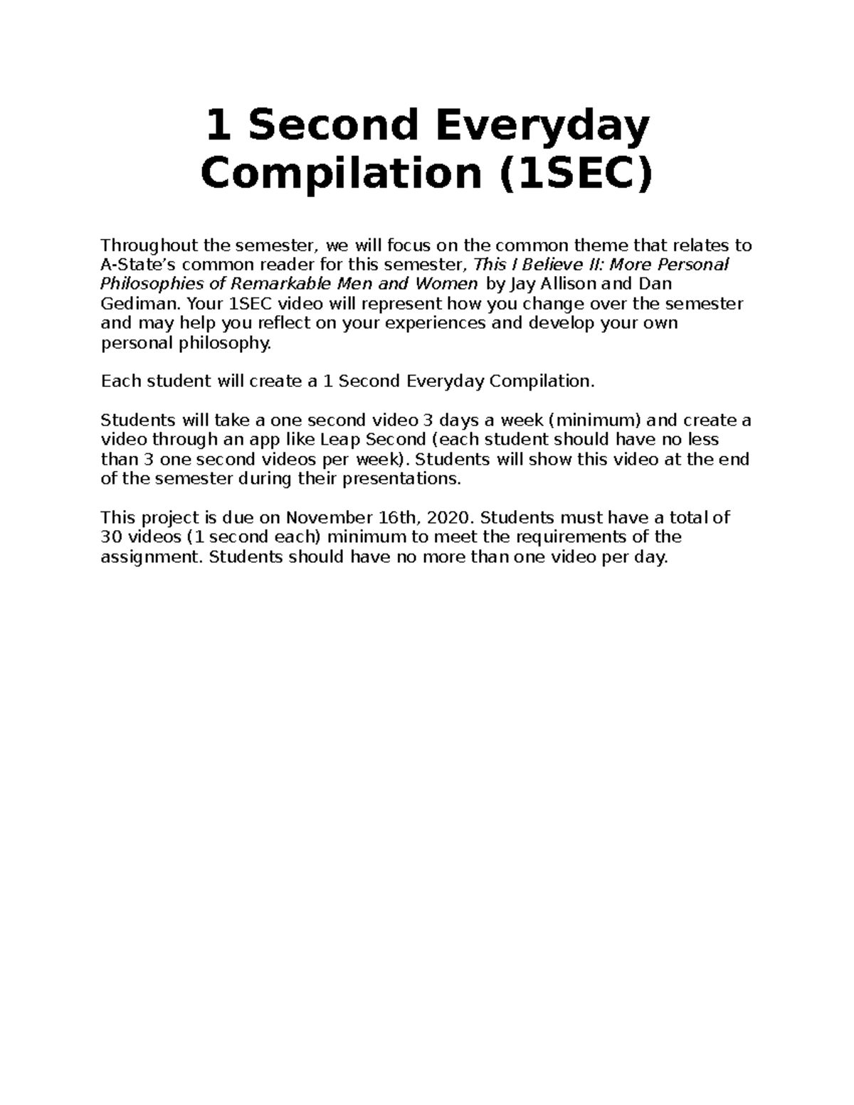 1SEC FA20 - course materials for FYE bio - 1 Second Everyday ...