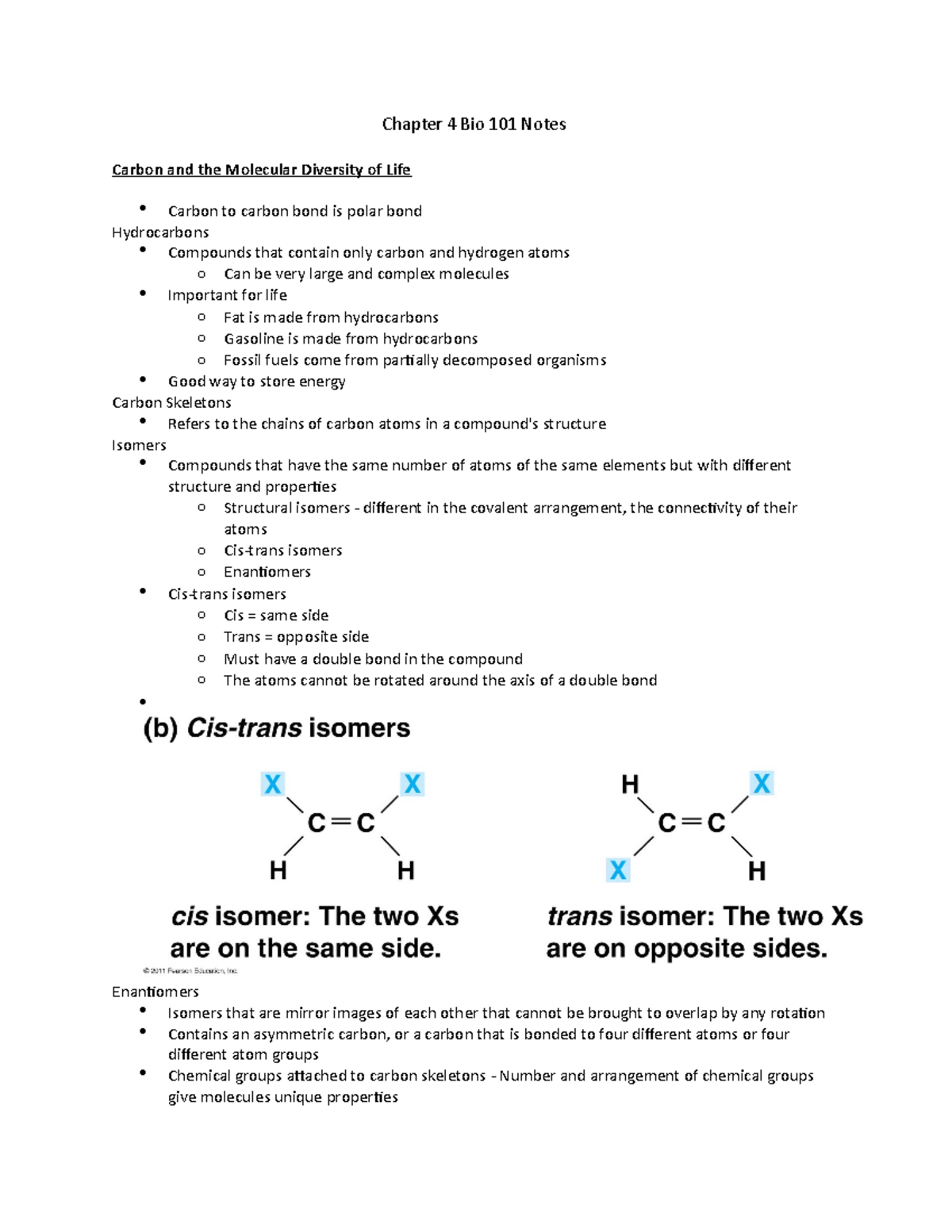 Chapter 4 Bio 101 Notes - Dr Czako - Chapter 4 Bio 101 Notes Carbon and ...