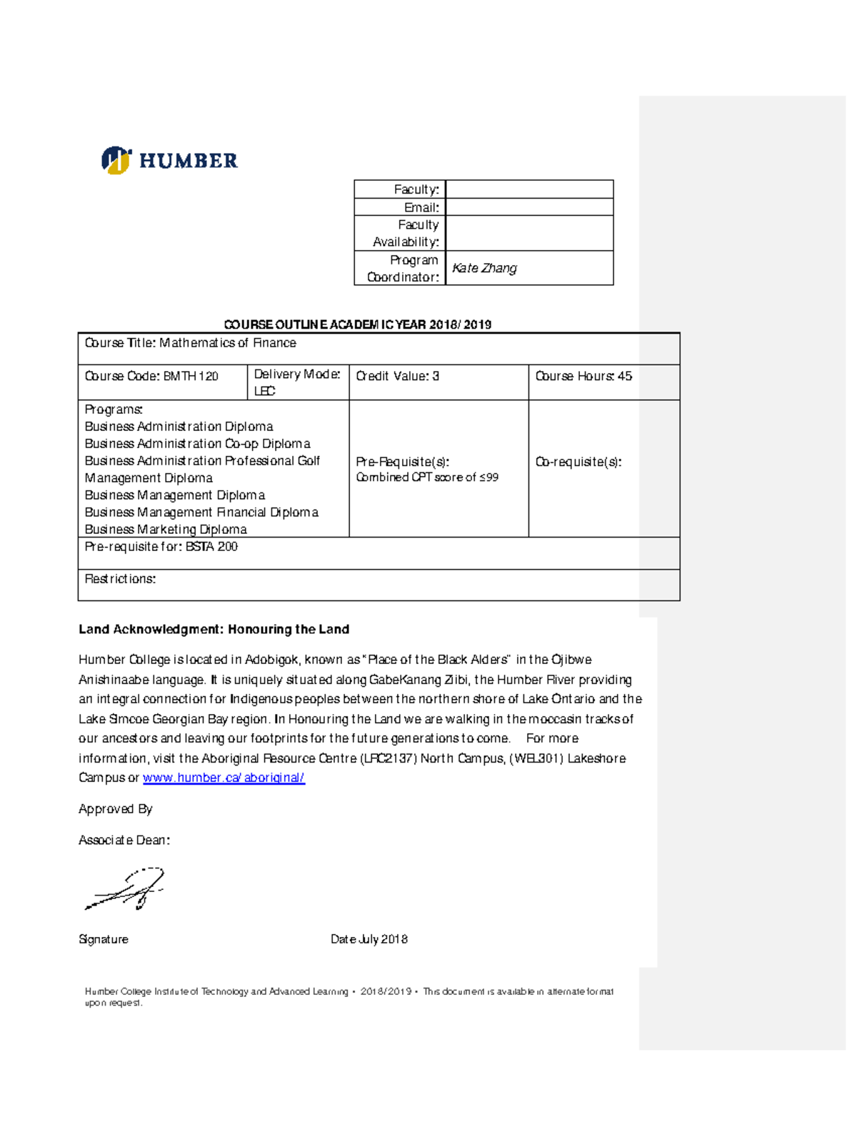 BMTH 120 - Mathematics of Finance-Outline - Humber College Institute of Technology and Advanced ...