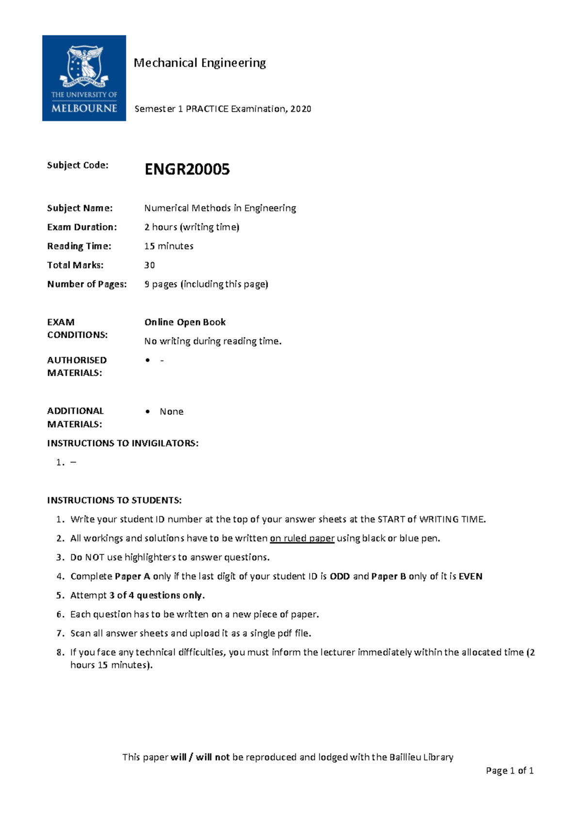 2020 Practice Exam - This paper will / will not be reproduced and lodged with the Baillieu ...