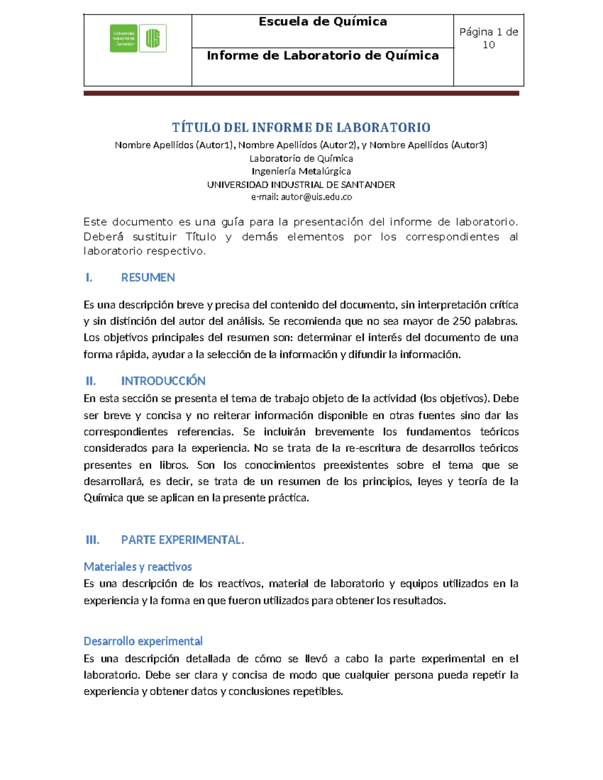 Modelo Informe de Laboratorio - Página 1 de 10 Informe de Laboratorio de Química TÍTULO DEL ...