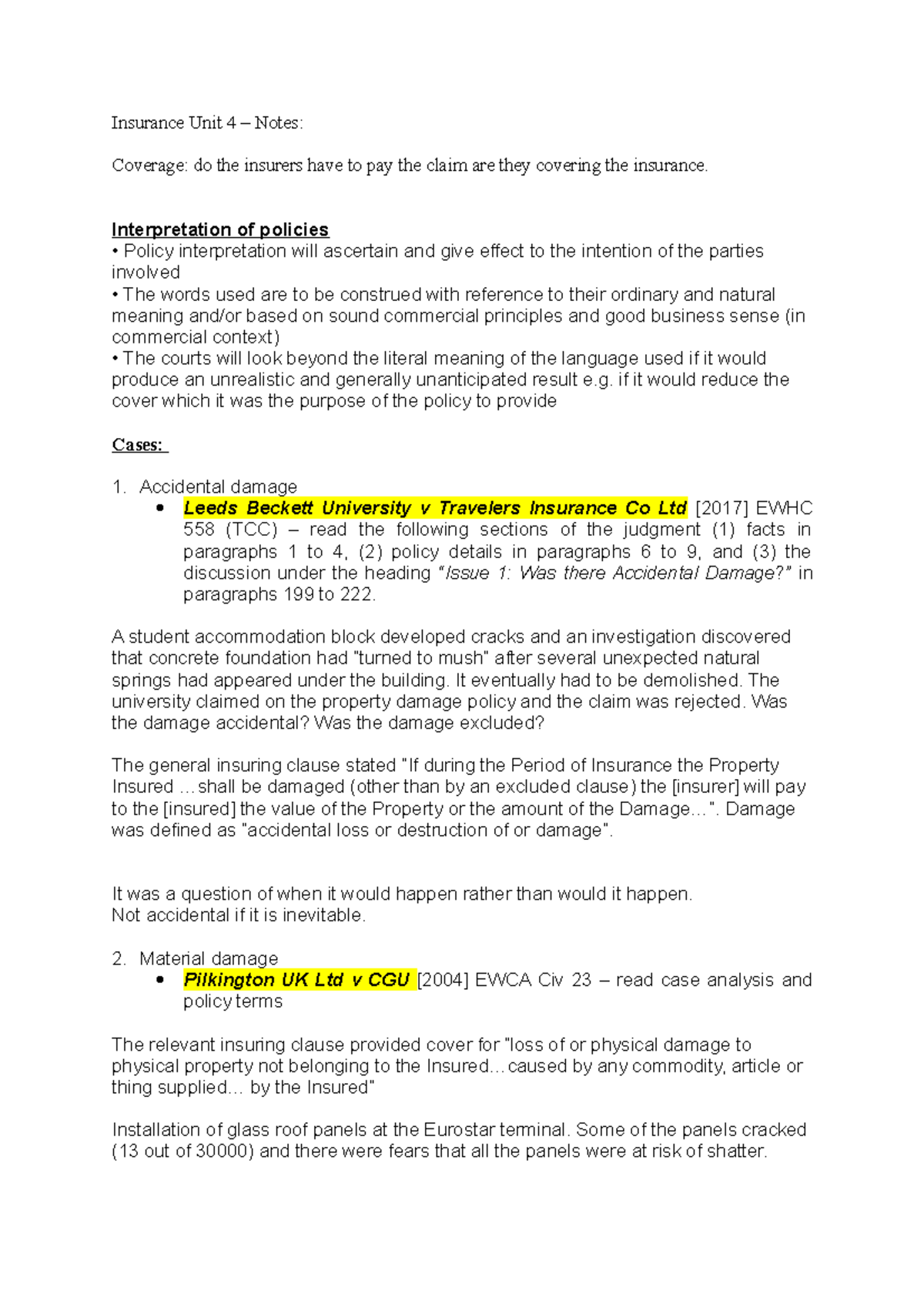 Insurance Unit 4 - notes - Insurance Unit 4 – Notes: Coverage: do the ...