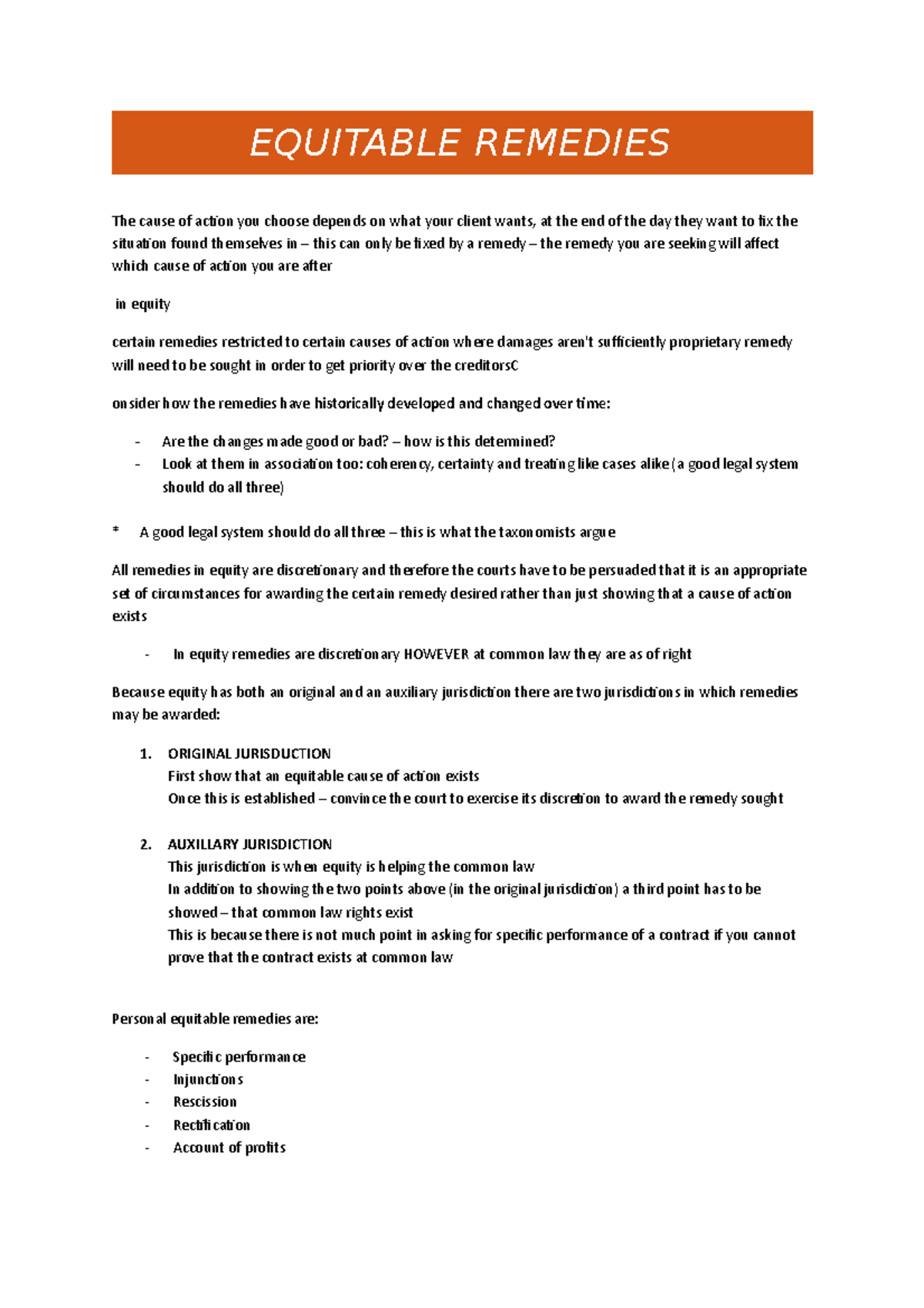 Equitable Remedies - EQUITABLE REMEDIES The cause of action you choose ...