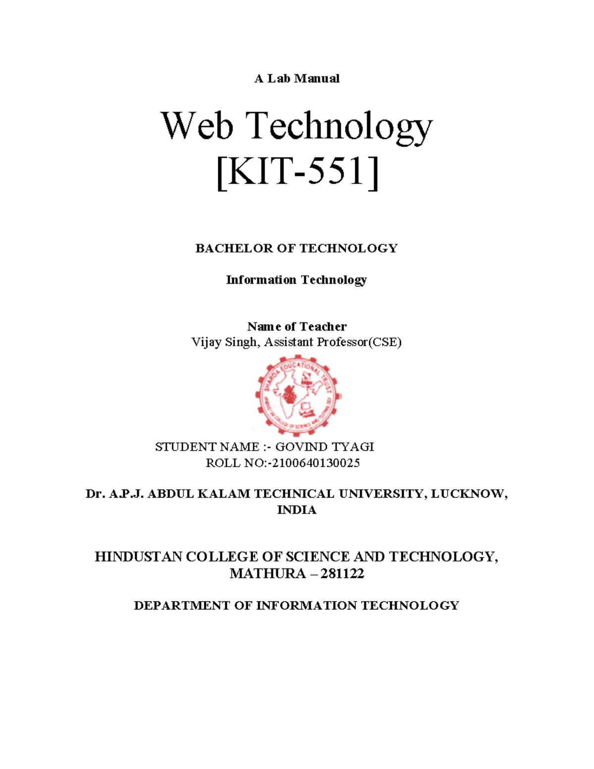 Govi WT file - it is afiel - A Lab Manual Web Technology [KIT-551] BACHELOR OF TECHNOLOGY - Studocu