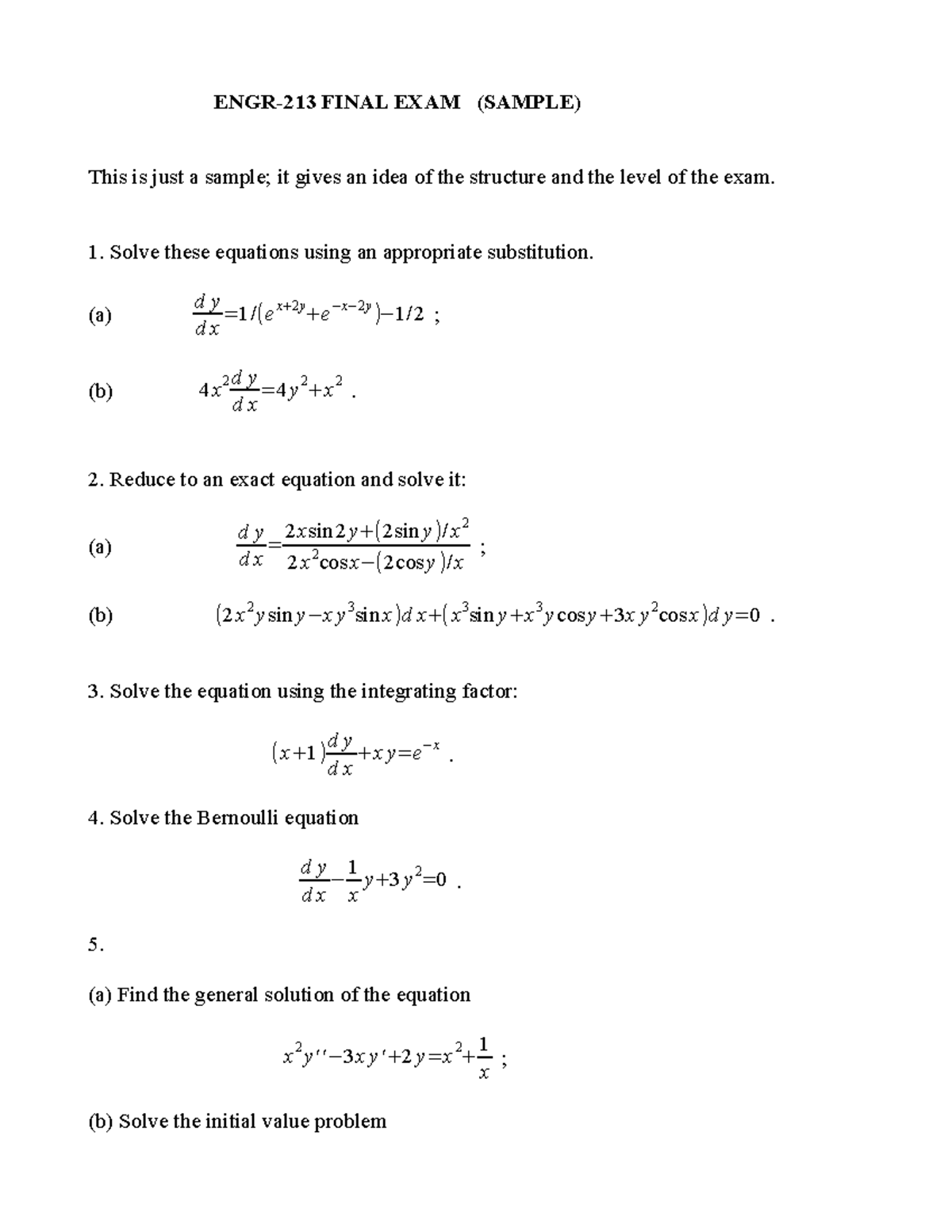 Final Sample 1 engr 213 - ENGR-213 FINAL EXAM (SAMPLE) This is just a sample; it gives an idea ...
