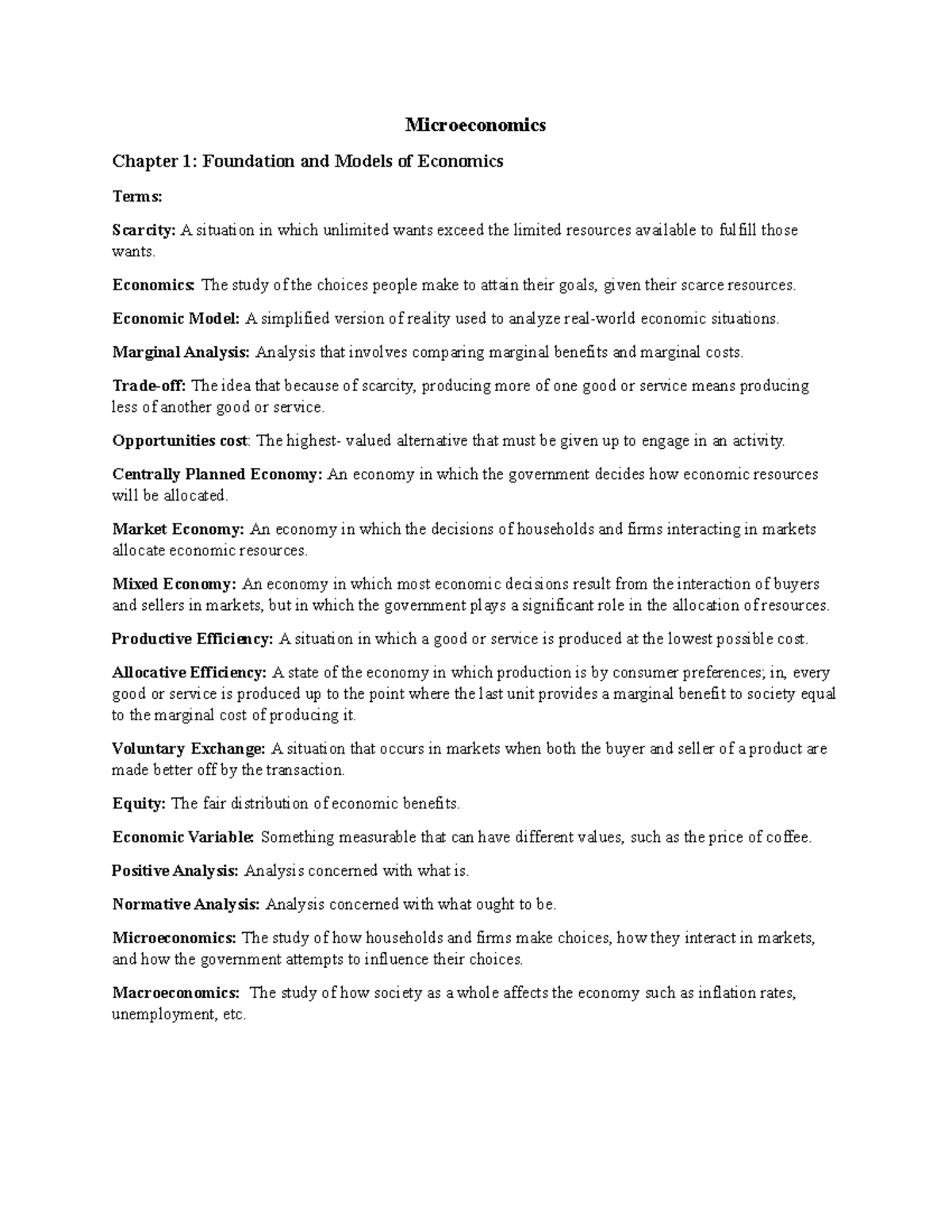 ECON 201 Notes (Textbook) - Microeconomics Chapter 1: Foundation and ...