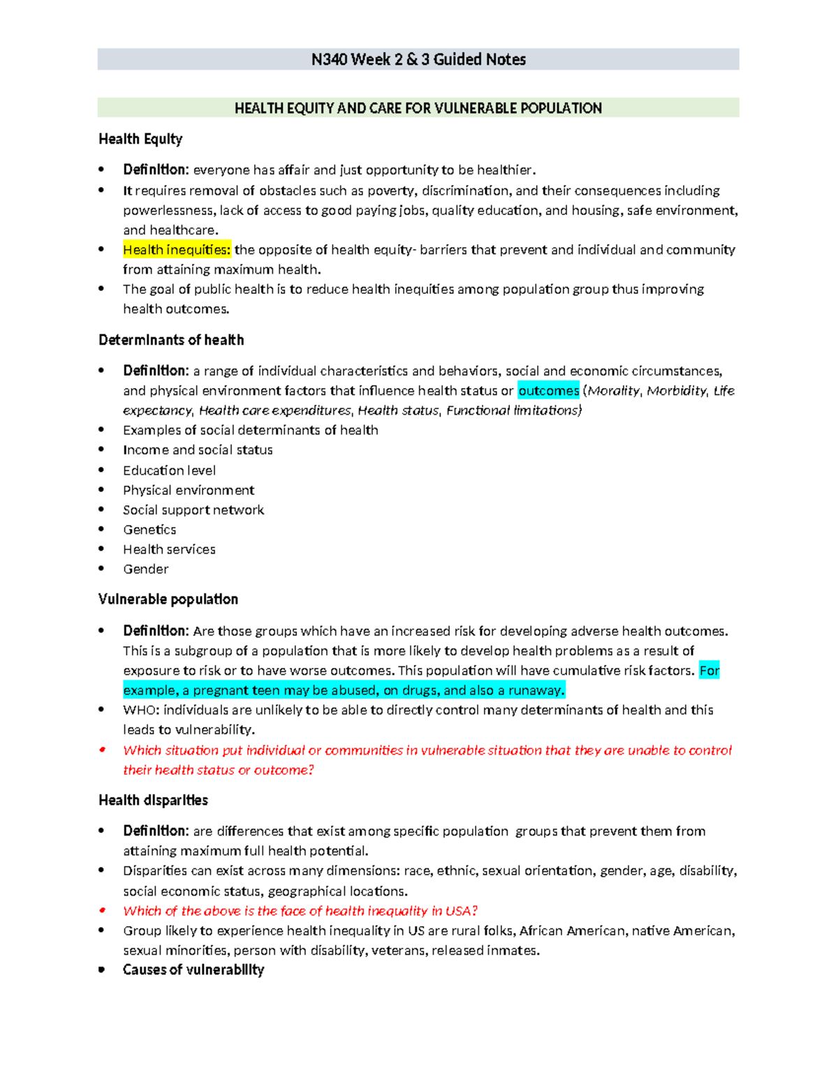 Public Health Wk 2and 3 guided notes - HEALTH EQUITY AND CARE FOR ...