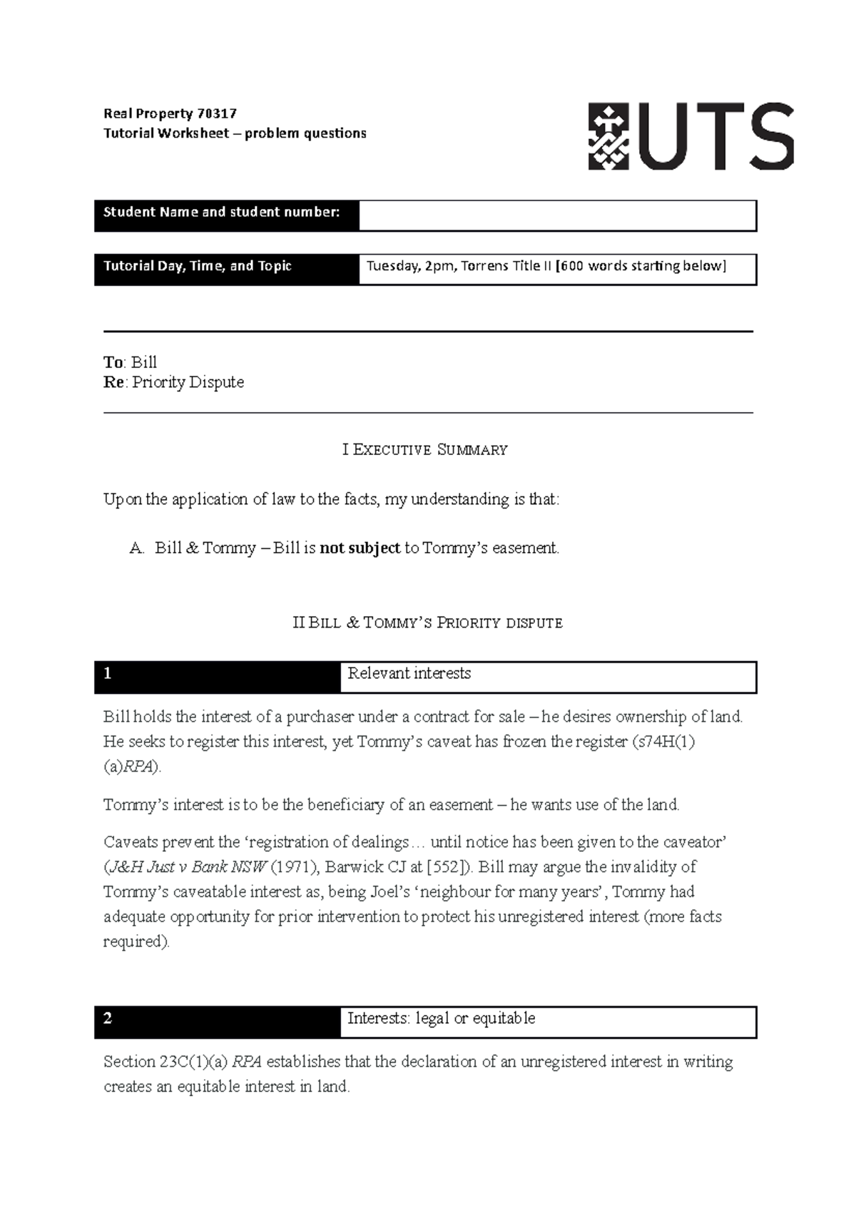 A1.2 Pre-Preparation Worksheet 2 - Real Property 70317 Tutorial ...