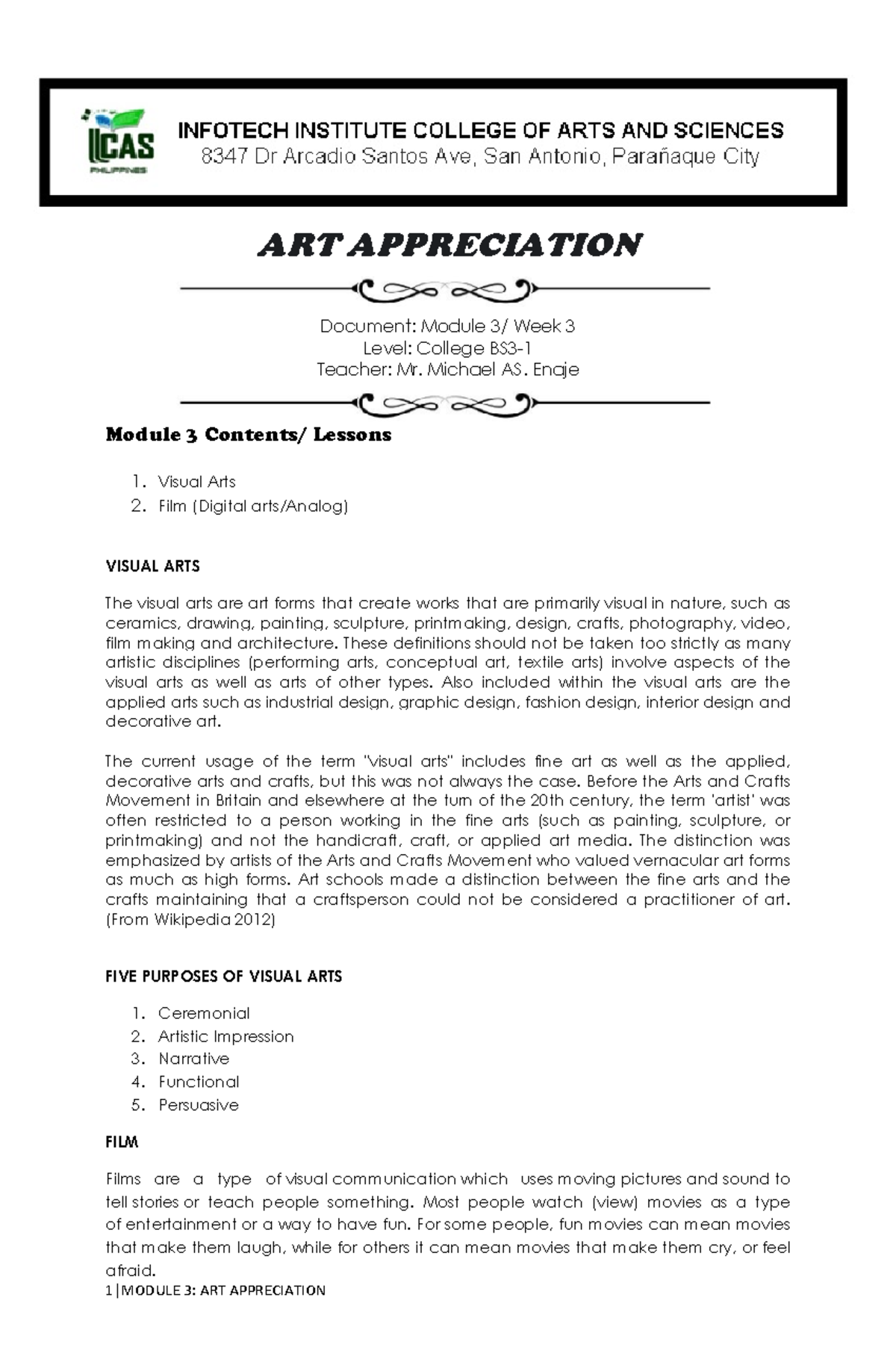 ART Appreciation Module 3 - Warning: TT: undefined function: 32 1|MODULE 3: ART APPRECIATION ART ...