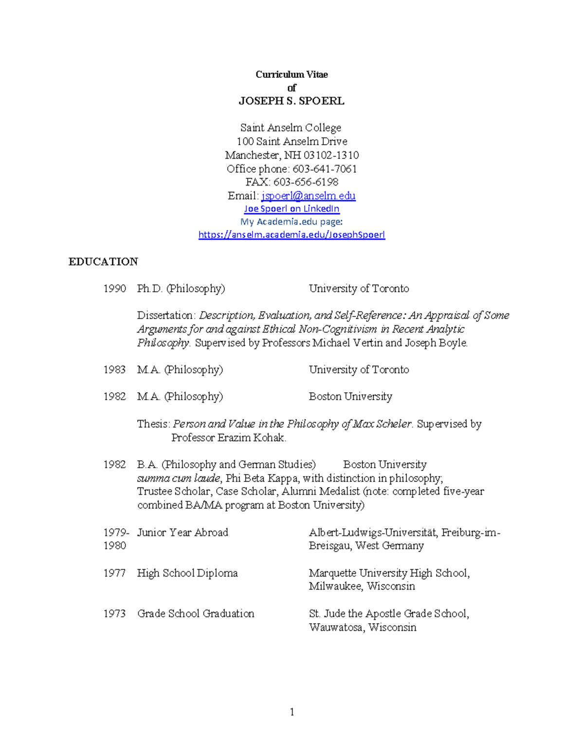 CV Joseph Spoerl - Curriculum Vitae of JOSEPH S. SPOERL Saint Anselm ...