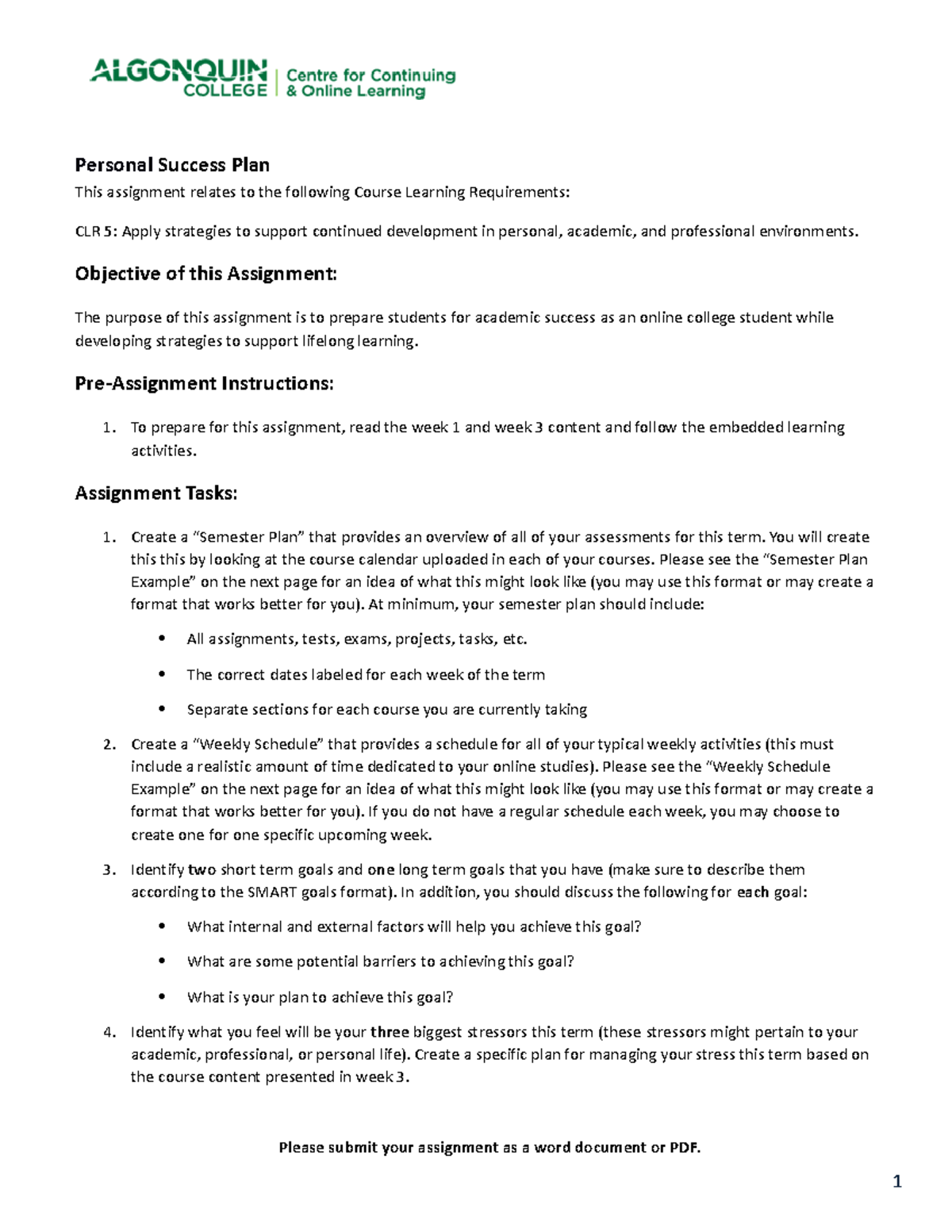 Personal Success Plan - Personal Success Plan This assignment relates ...
