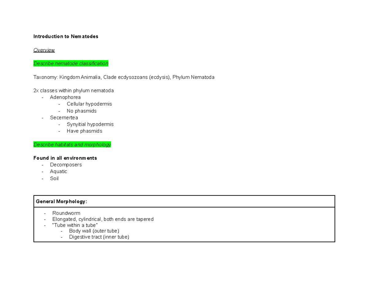 Human parasitology study guide 2 - Introduction to Nematodes Overview ...
