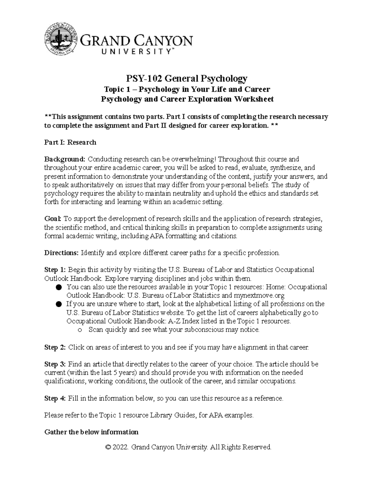 PSY-102-T1-RS-Psychologyand Career Exploration Worksheet - PSY-102 ...