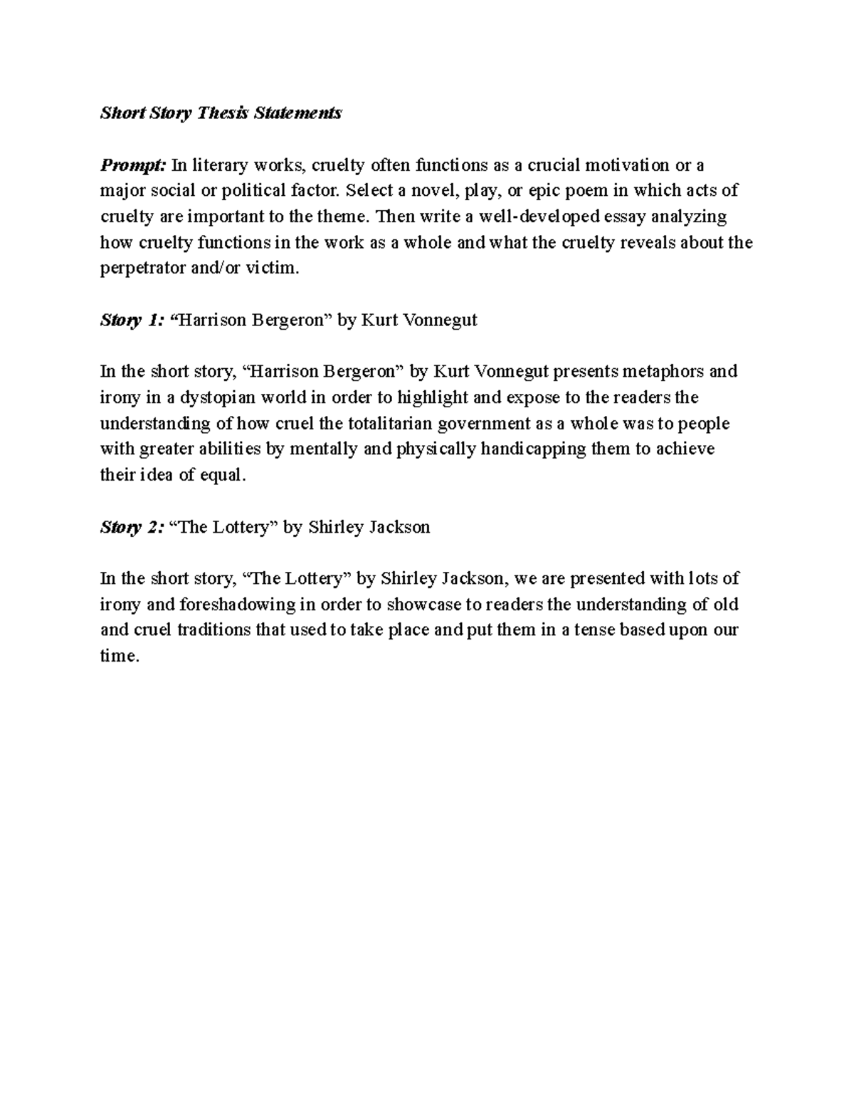 Copy of Short Story Thesis Statements - Short Story Thesis Statements ...