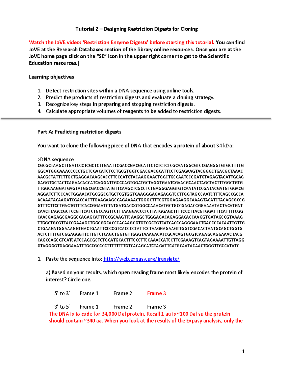 Tutorial 2 Designing Restriction Digests for Cloning final answers ...