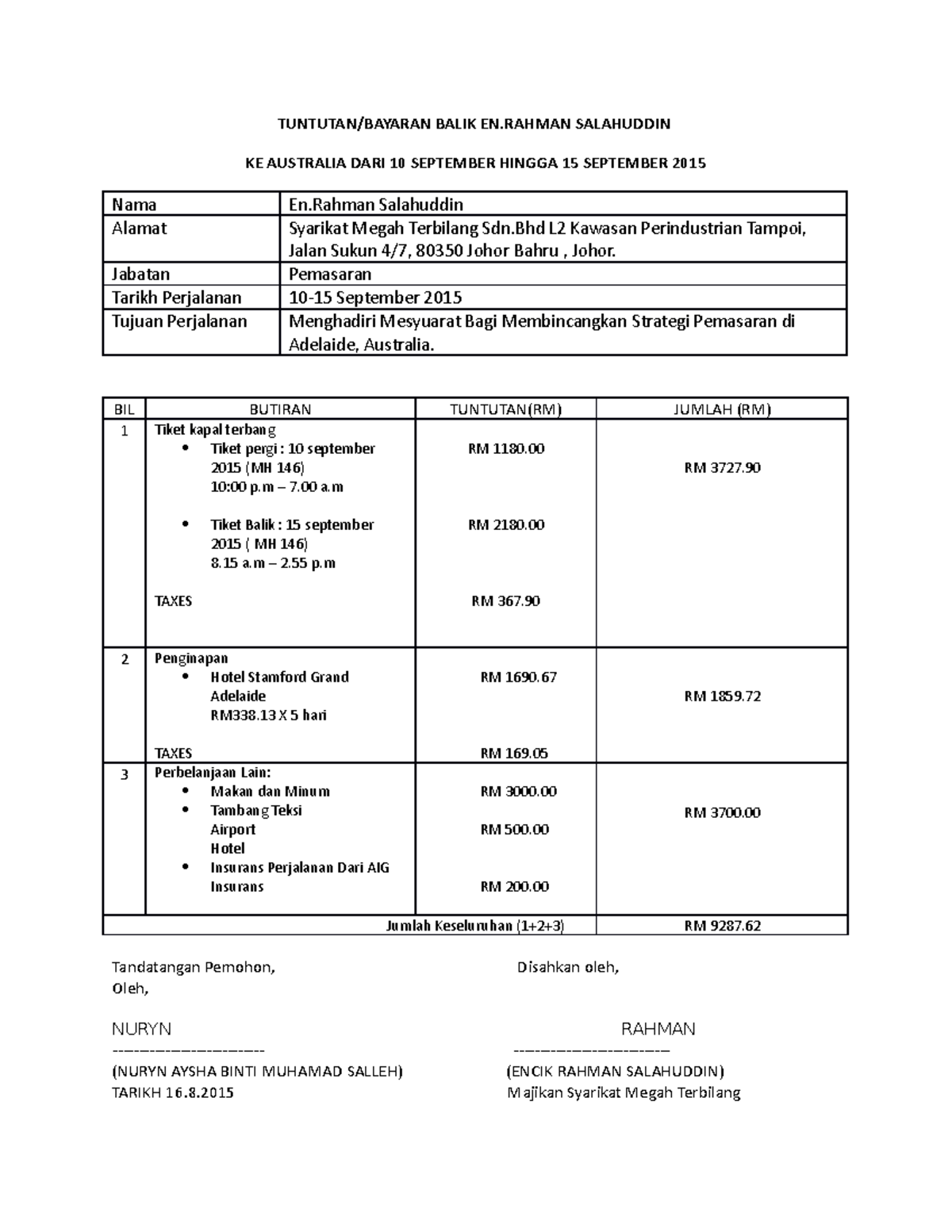 Laporan Perbelanjaan Pengurusan Perjalanan - TUNTUTAN/BAYARAN BALIK EN ...