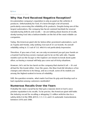 BUS 400 Module 1 - New Innovative Project Ford Motor Company produces ...