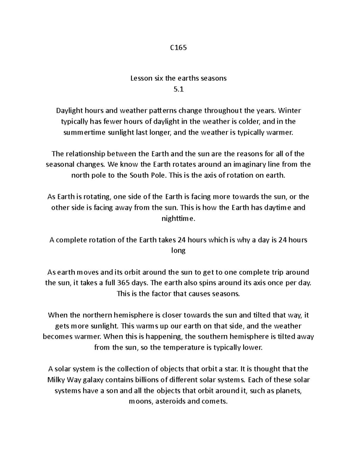 C165 i - notes - C Lesson six the earths seasons 5. Daylight hours and ...