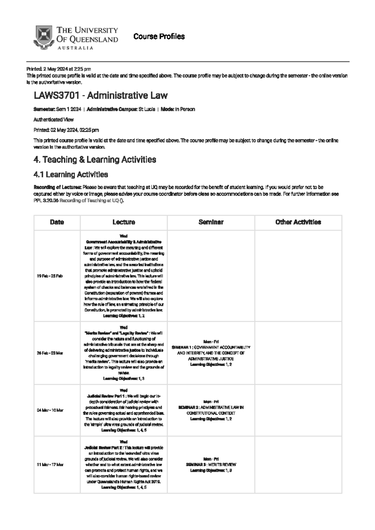 Semester Outline - THE UNIVERSITY OF QUEENSLAND Course Profiles ...