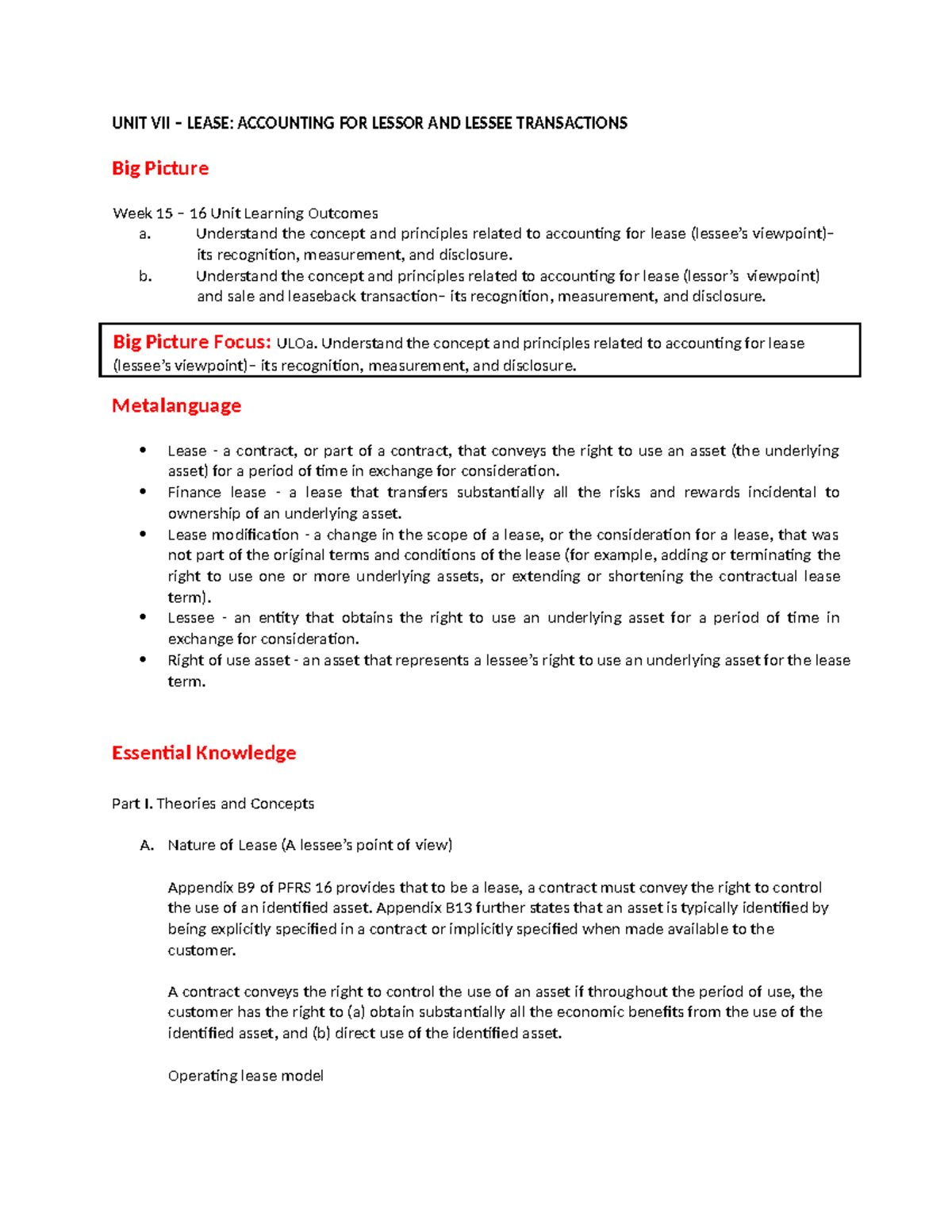 Lesses and Lessors Lease Terms - UNIT VII – LEASE: ACCOUNTING FOR ...
