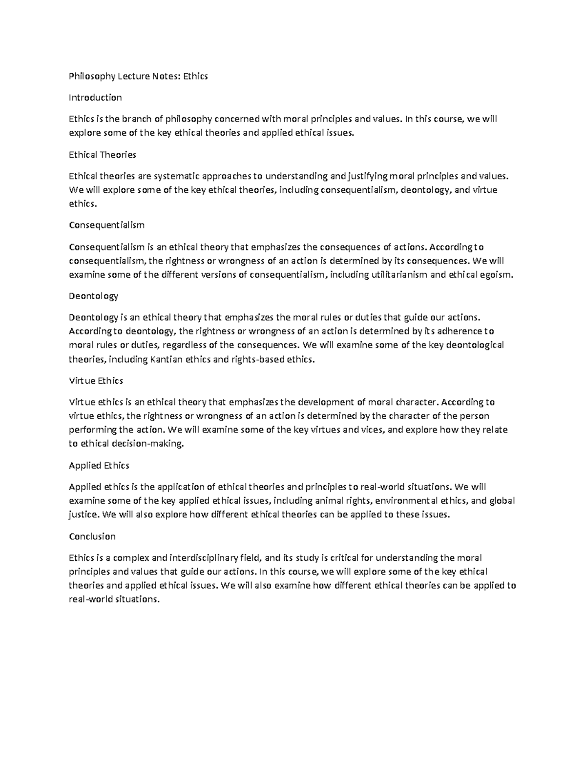 Phil notes - Philosophy Lecture Notes: Ethics Introduction Ethics is ...