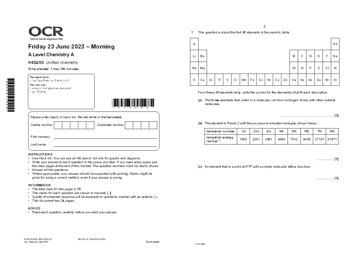 A Level Chemistry A H432 03 Unified chemistry June 2023 - Oxford ...